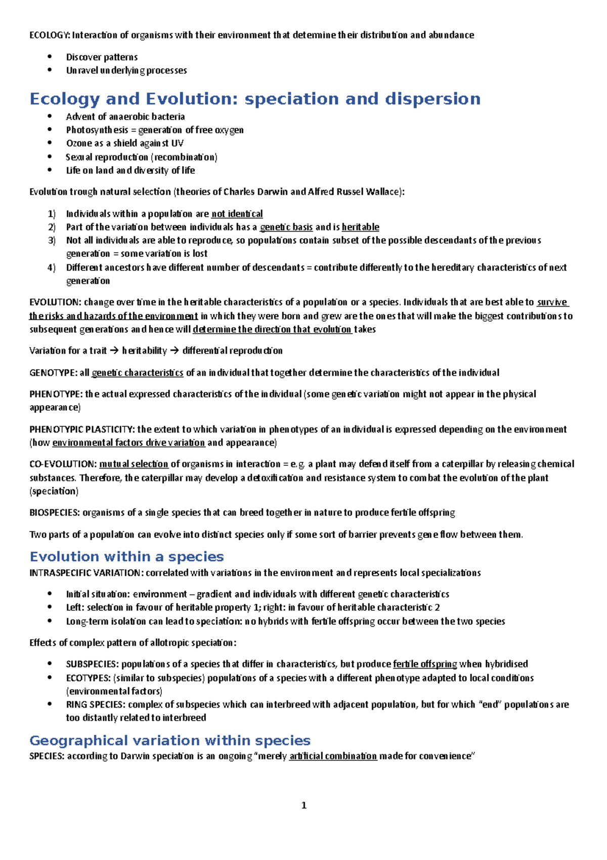 Ecology 1 Theory - Summary of the course - ECOLOGY: Interaction of ...