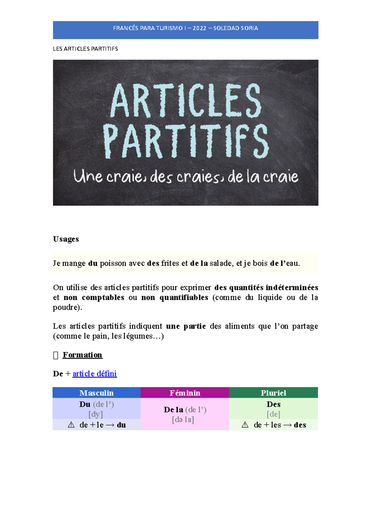 LES Articles Partitifs - LES ARTICLES PARTITIFS Usages Je mange du ...
