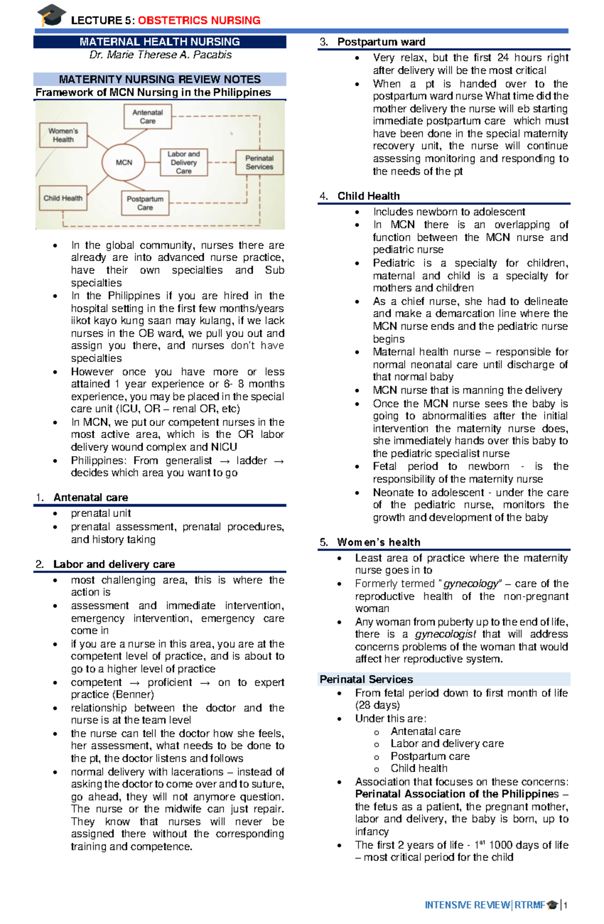 Obstetric Nursing PNLE Review Notes - MATERNAL HEALTH NURSING Dr. Marie ...