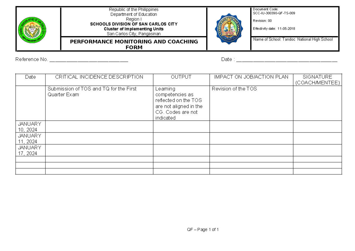 Coaching-form-1 - COACH - Republic of the Philippines Department of ...