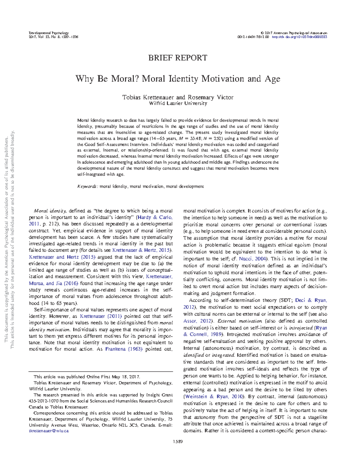 Why Be Moral Moral Identity Motivation and Age - BRIEF REPORT Why Be ...