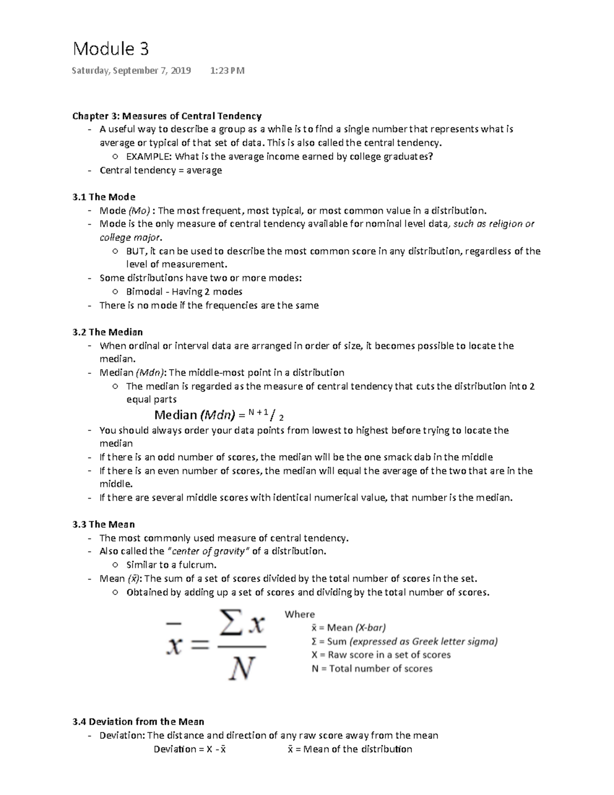 Chapter 3 Measures of Central Tendency - Module 3 Saturday, September 7 ...