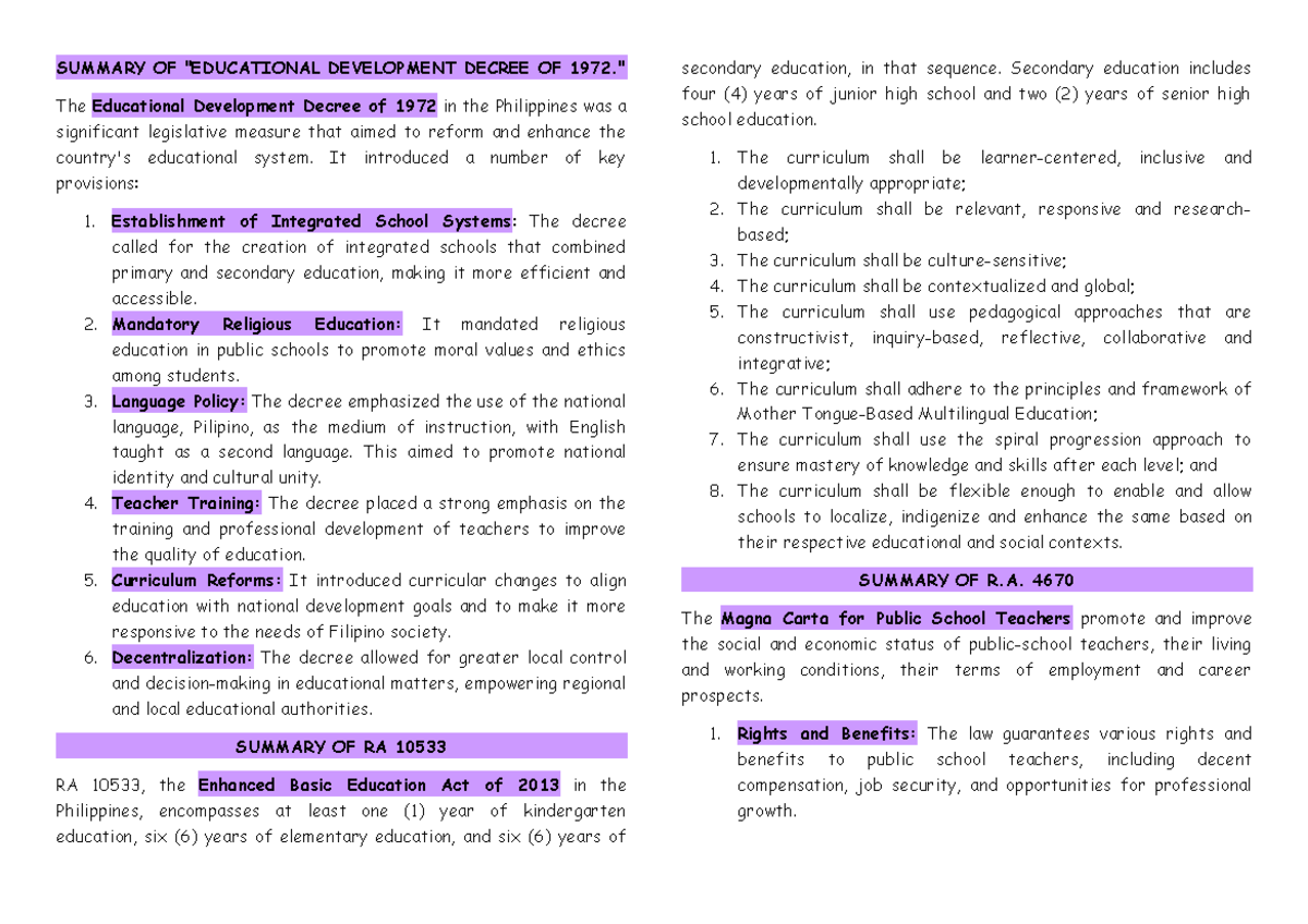 MGA Batas SA FTC - FTC - SUMMARY OF "EDUCATIONAL DEVELOPMENT DECREE OF ...