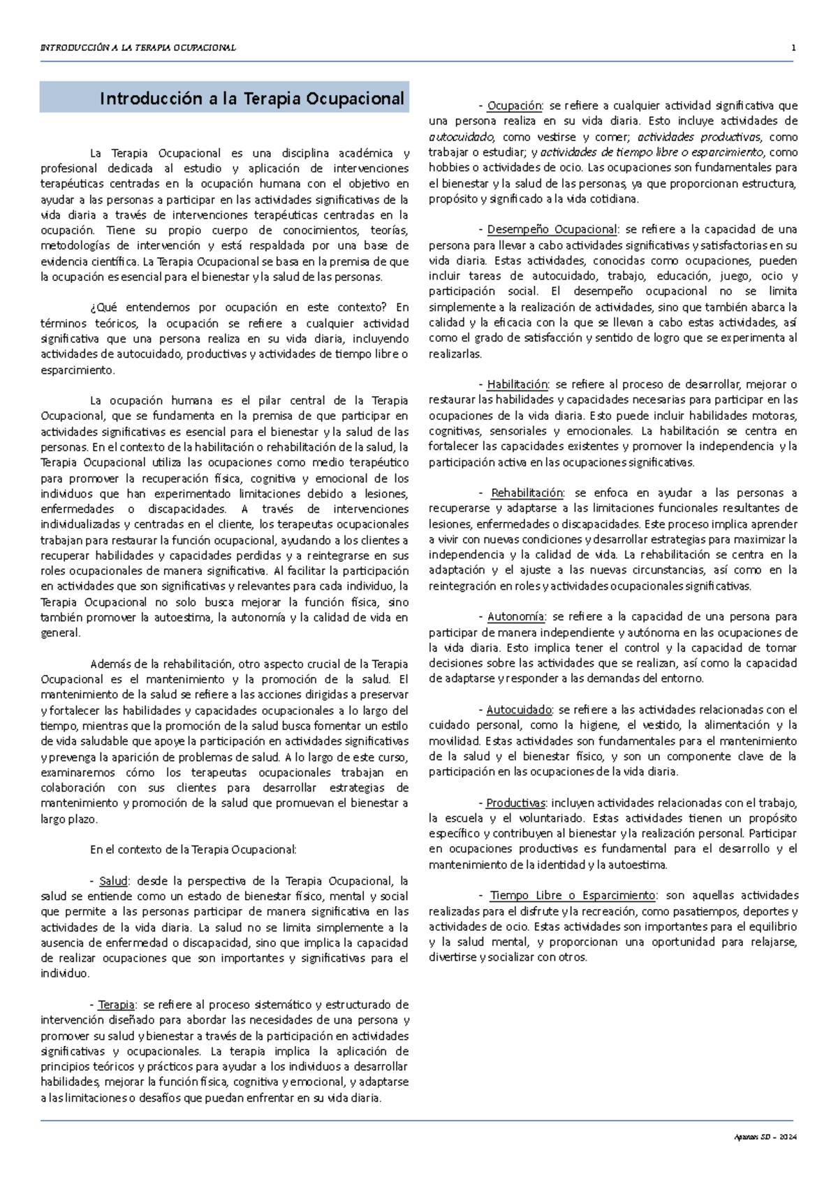 Apuntes Teoricos - Introduccion a la Terapia Ocupacional M1 M2 ...