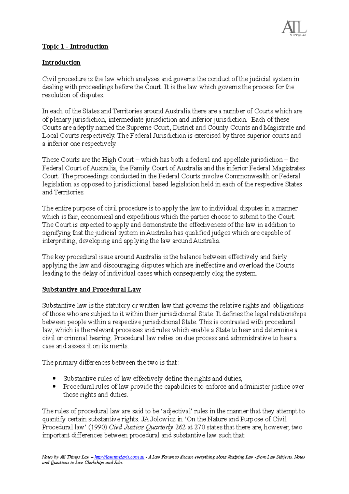 Civil Procedure Summary - Topic 1 - Introduction Introduction Civil ...