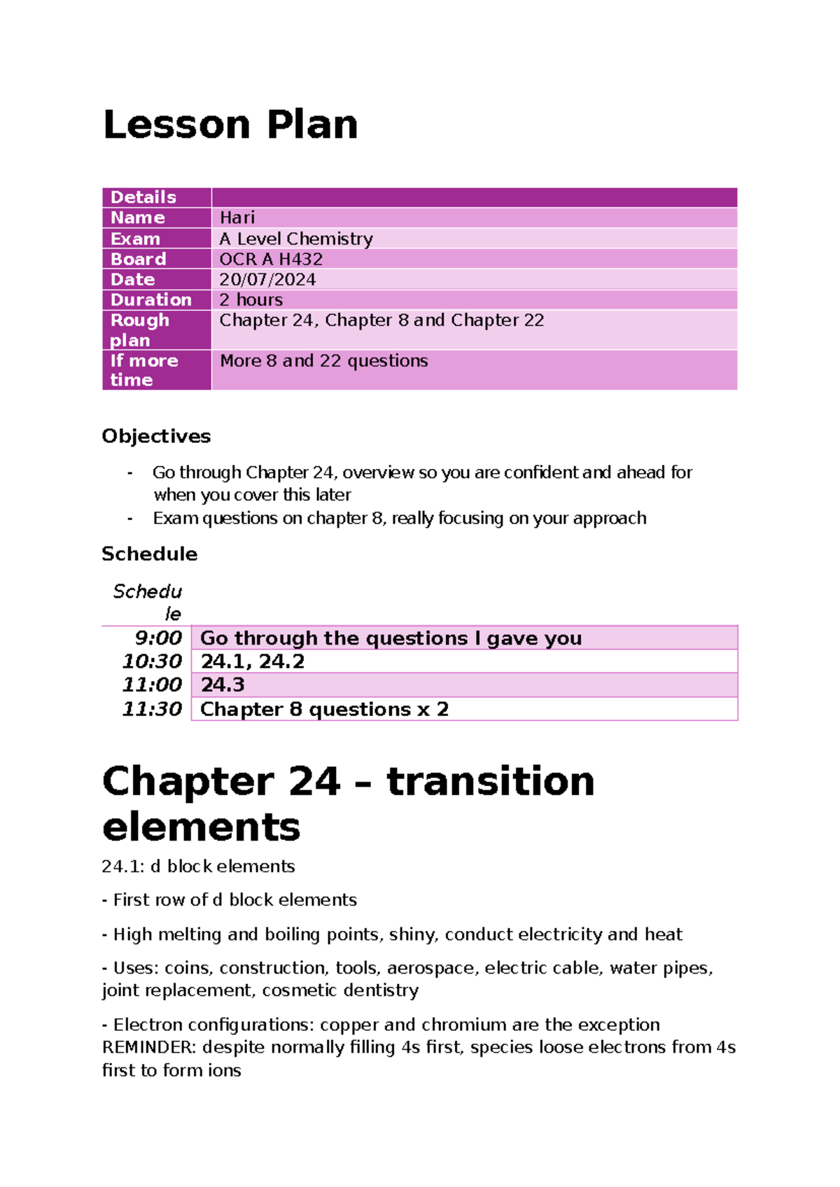 Chemistry Tuition with Neema - Lesson Plan Details Name Hari Exam A ...