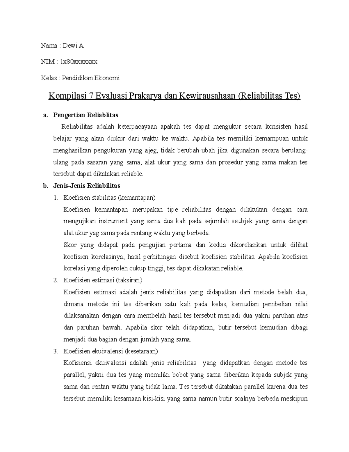Kompilasi materi Reliabilitas Tes - Nama : Dewi A NIM : 1x80xxxxxxx ...