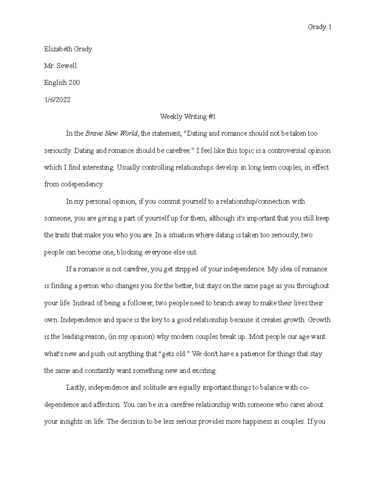 Elizabeth Grady - ENG 200 Weekly Writing #1 - Grady 1 Elizabeth Grady ...