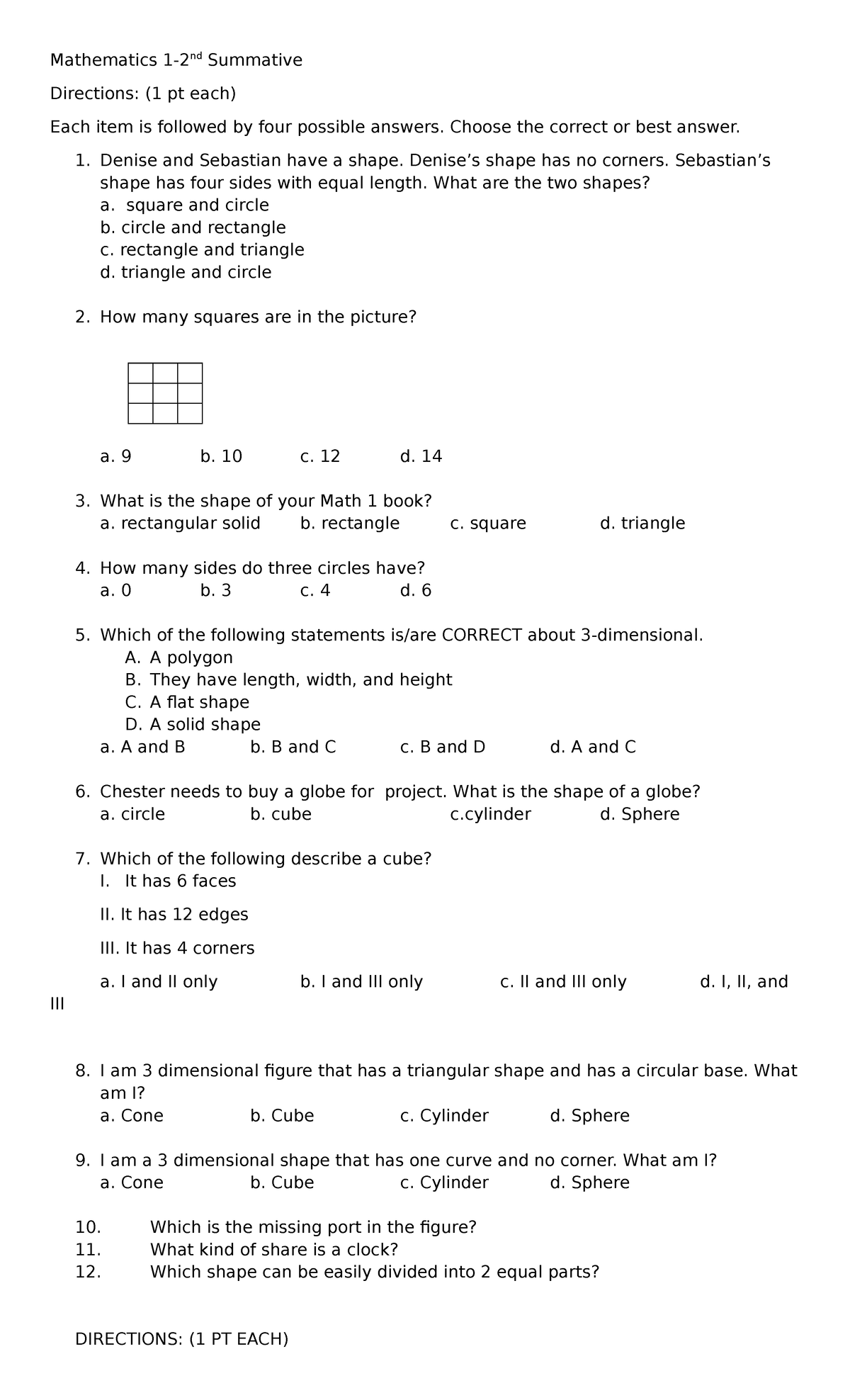 Mathematics 1-2ND Summative - Mathematics 1-2nd Summative Directions ...