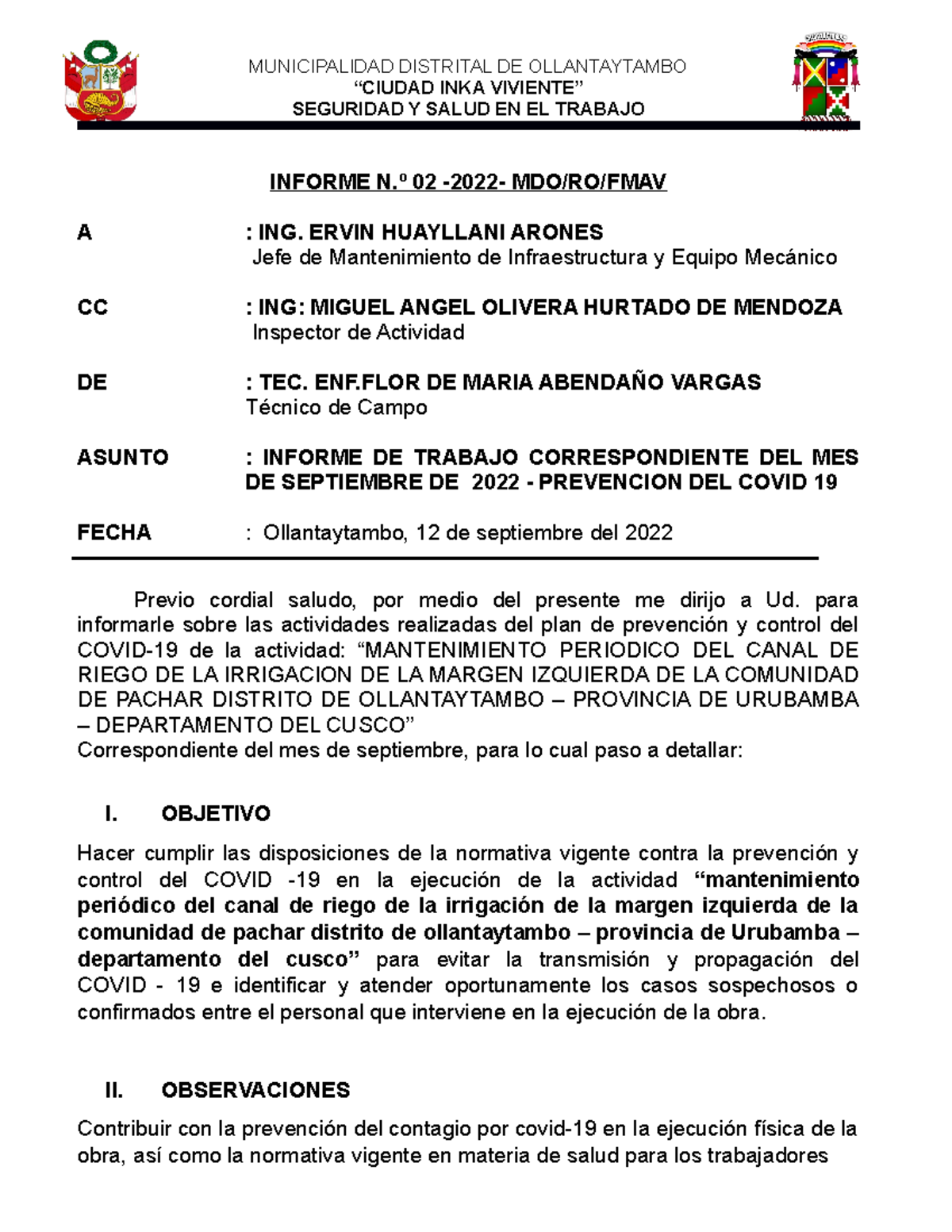 Informe 2 septiembre 2022 - “CIUDAD INKA VIVIENTE” SEGURIDAD Y SALUD EN EL TRABAJO INFORME N.º ...