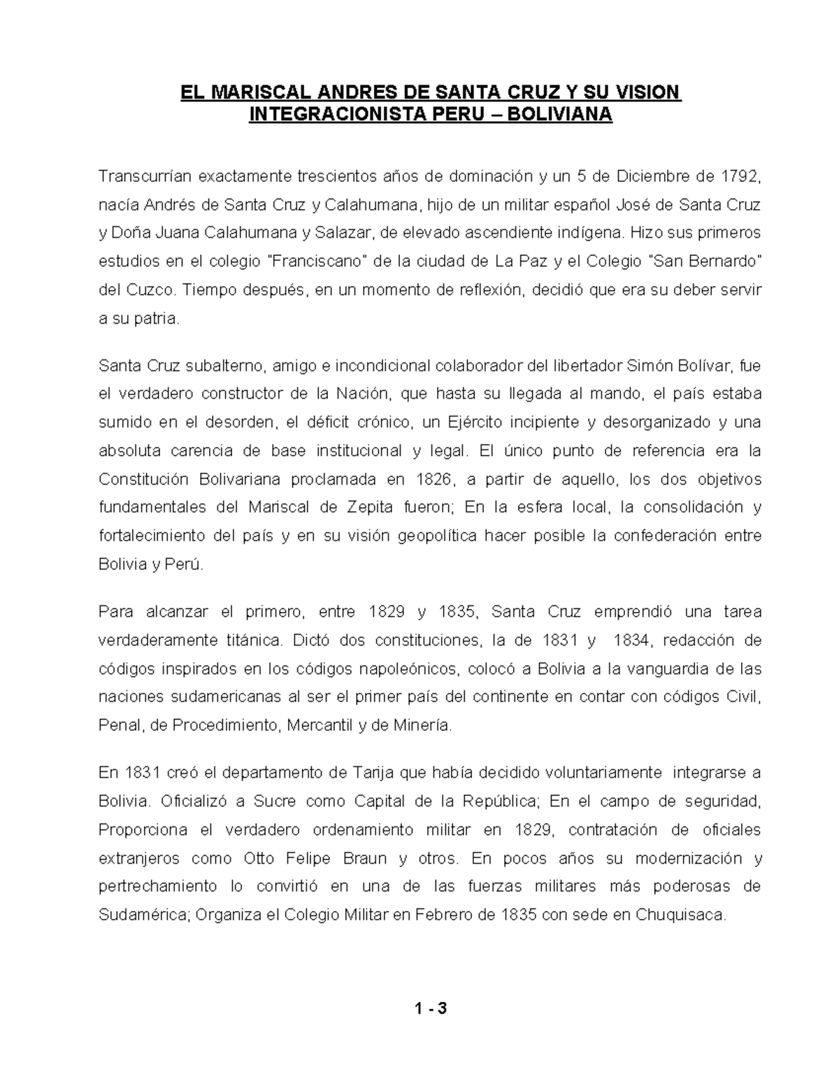 Andres DE Santa Y SU Vision - EL MARISCAL ANDRES DE SANTA CRUZ Y SU ...