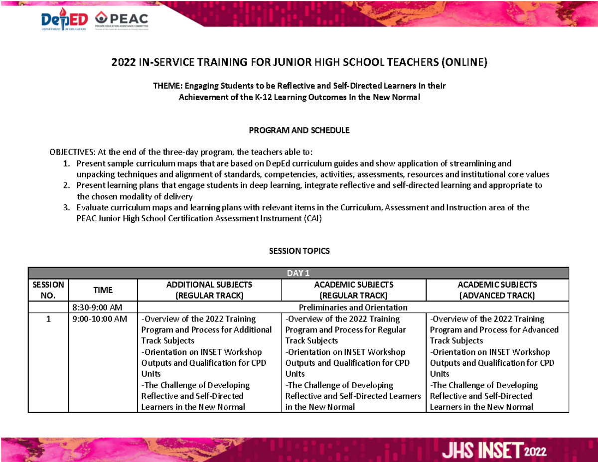 Program 2022 Inset for JHS Teachers - 2022 IN-SERVICE TRAINING FOR ...