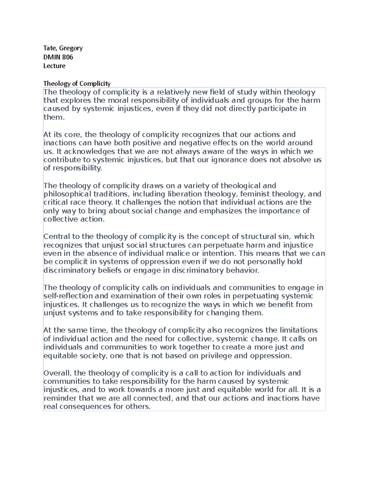 DMIN806:Theology of Complicity - Tate, Gregory DMIN 806 Lecture ...
