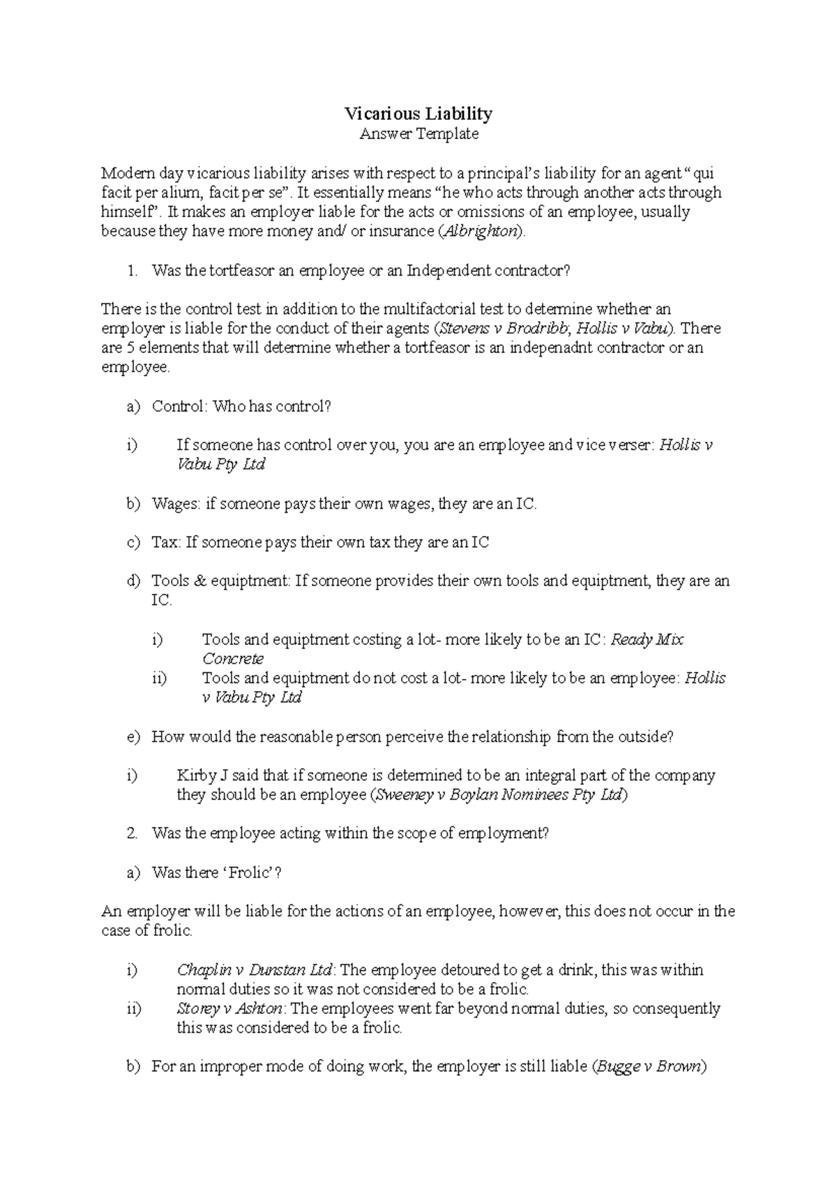 Vicarious Liability Answer Template - Vicarious Liability Answer ...