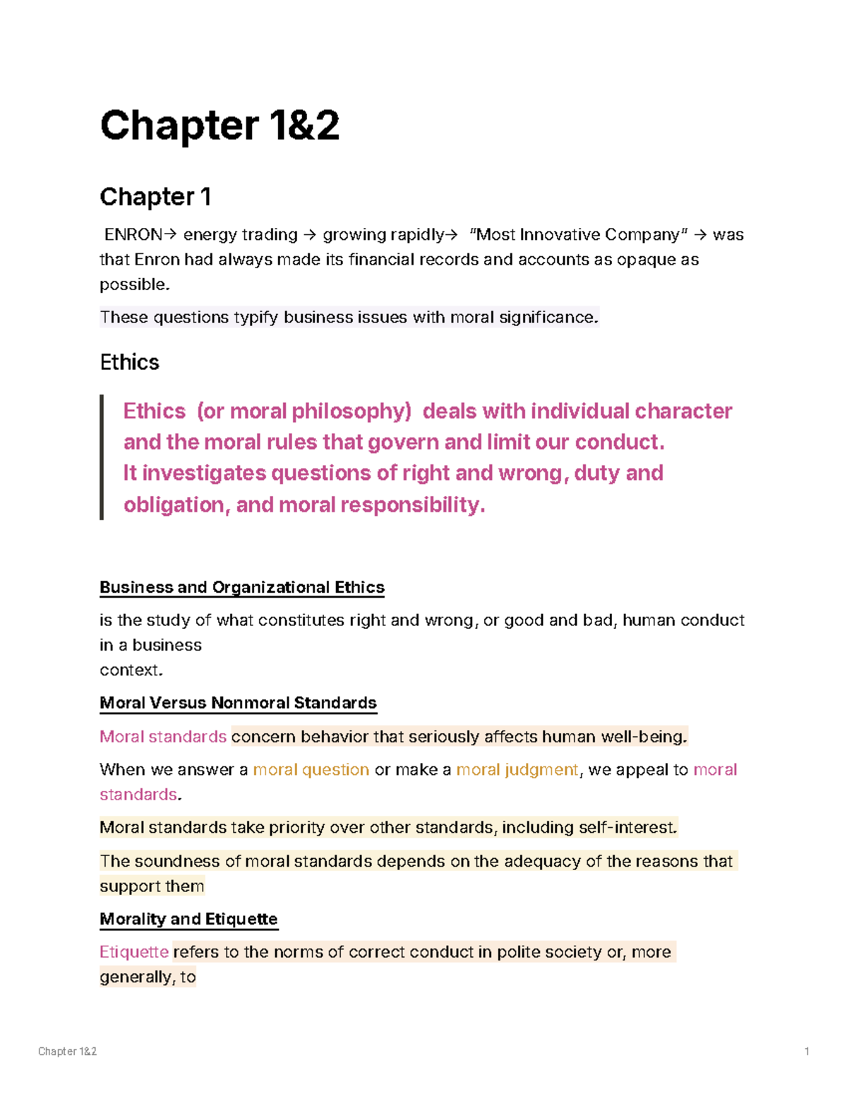 Chapter 1&2 summary - Chapter 1& Chapter 1 ENRON energy trading → ...