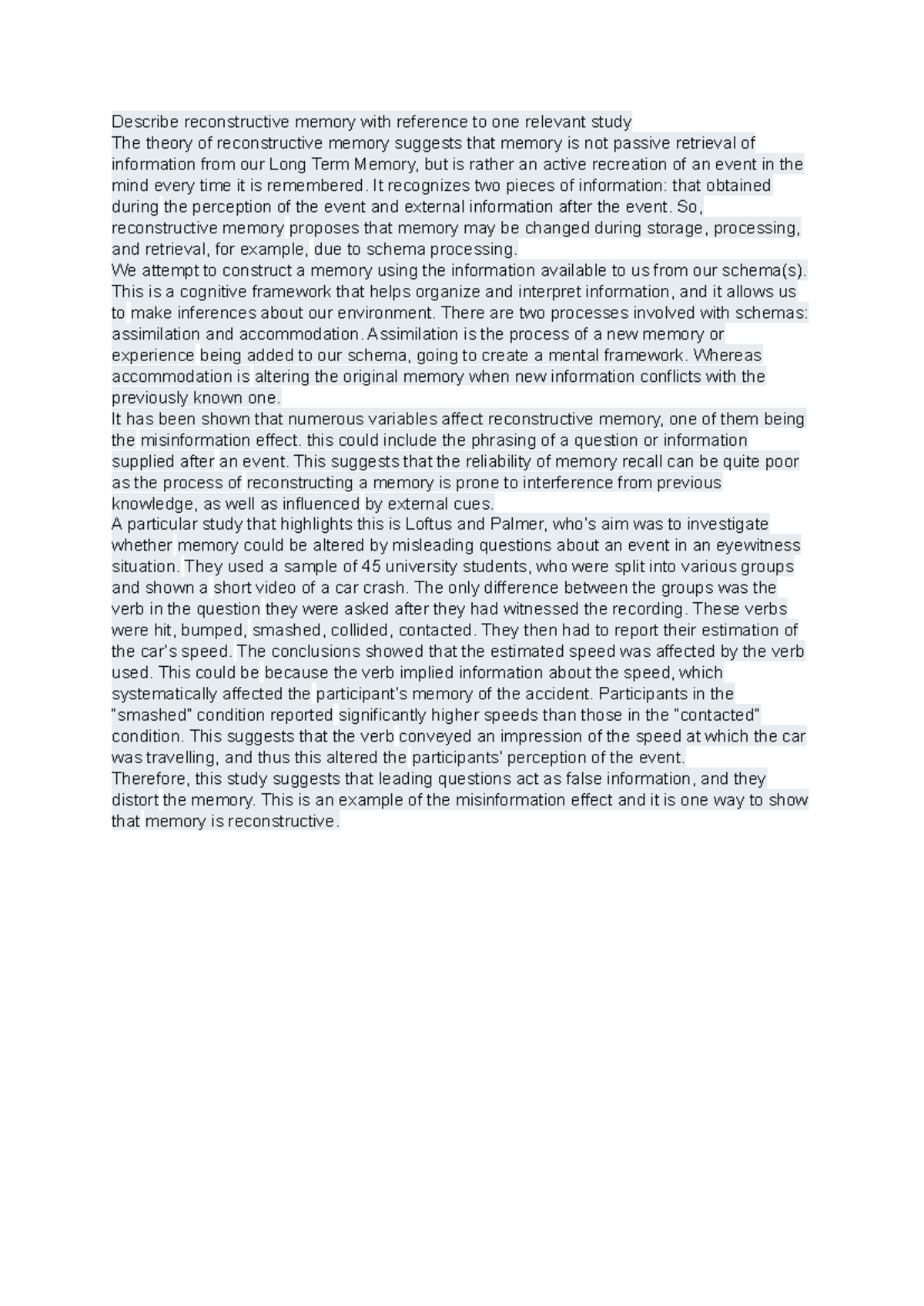 SAQ reconstructive memory - Describe reconstructive memory with reference to one relevant study ...