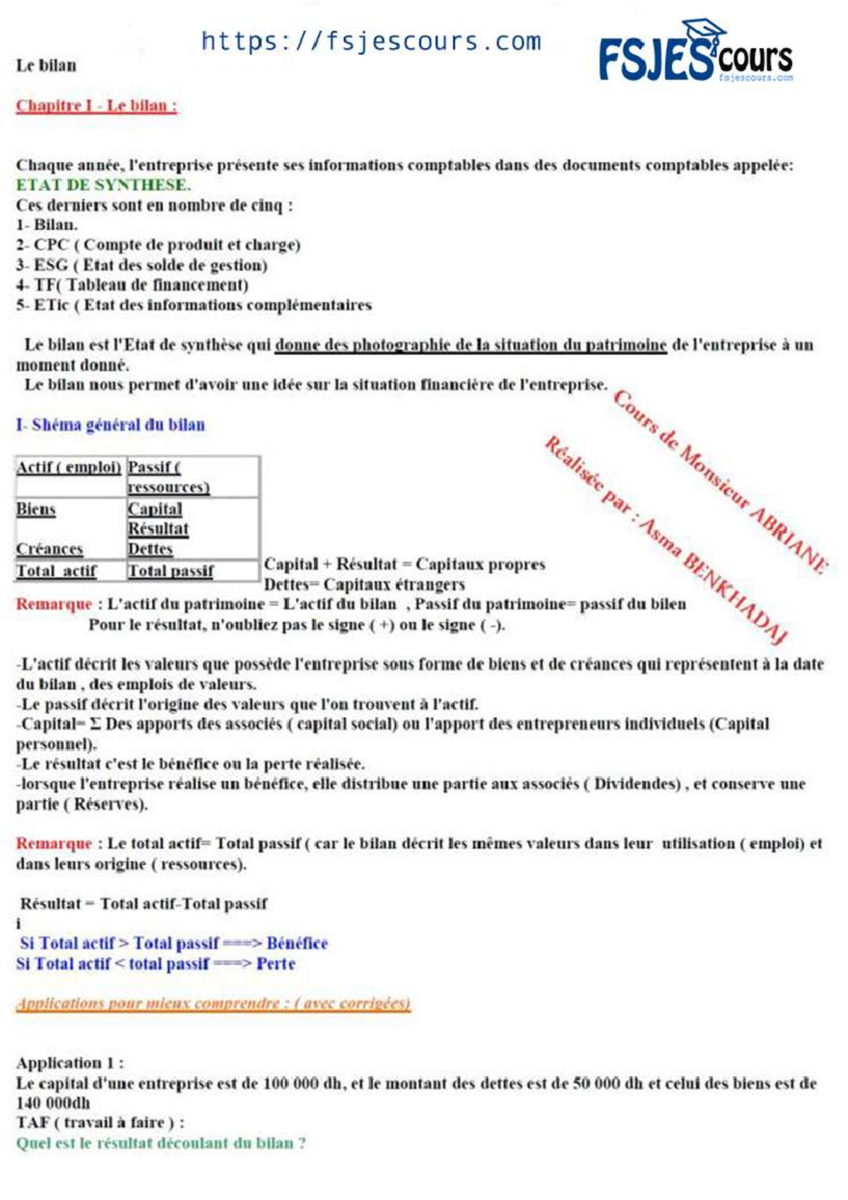 Cours le bilan s1 - comptabilité générale s1 introduction La fonction comptable est ...