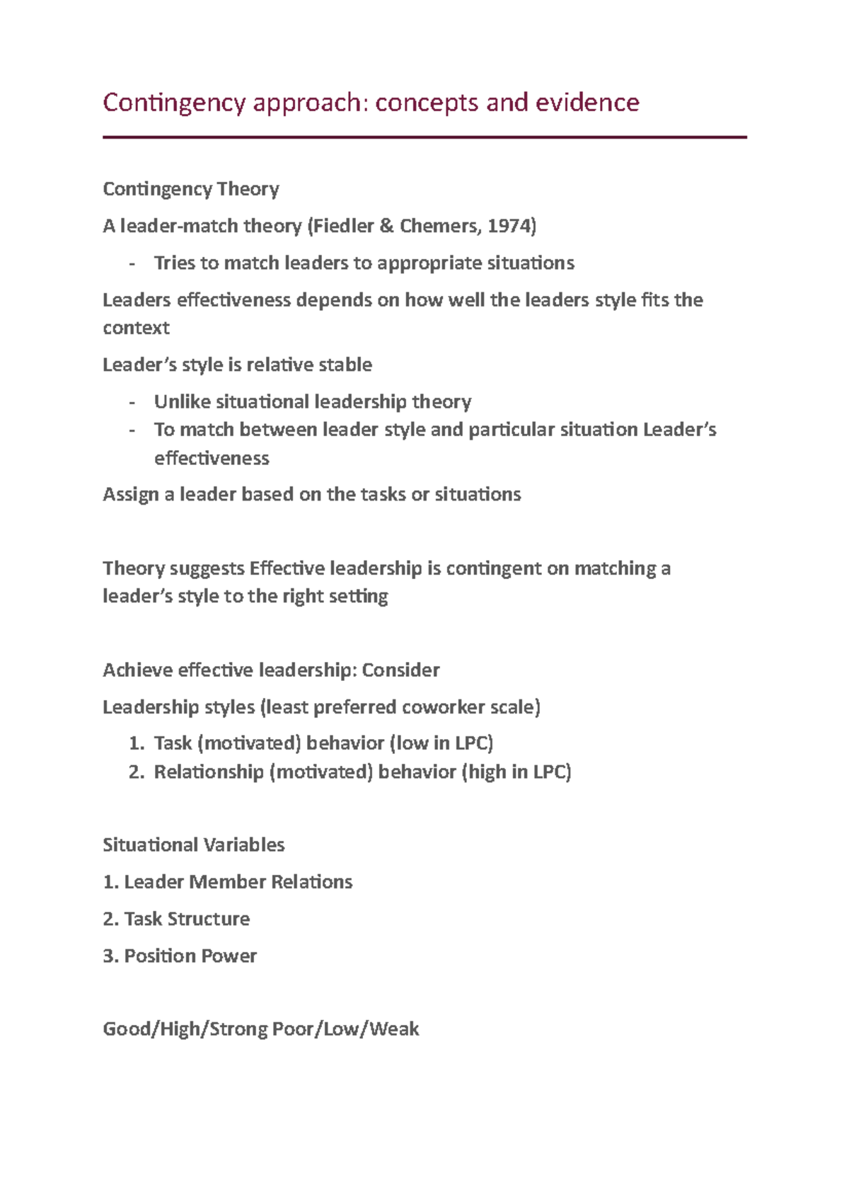 Contingency approach week 6 - Contingency approach: concepts and ...