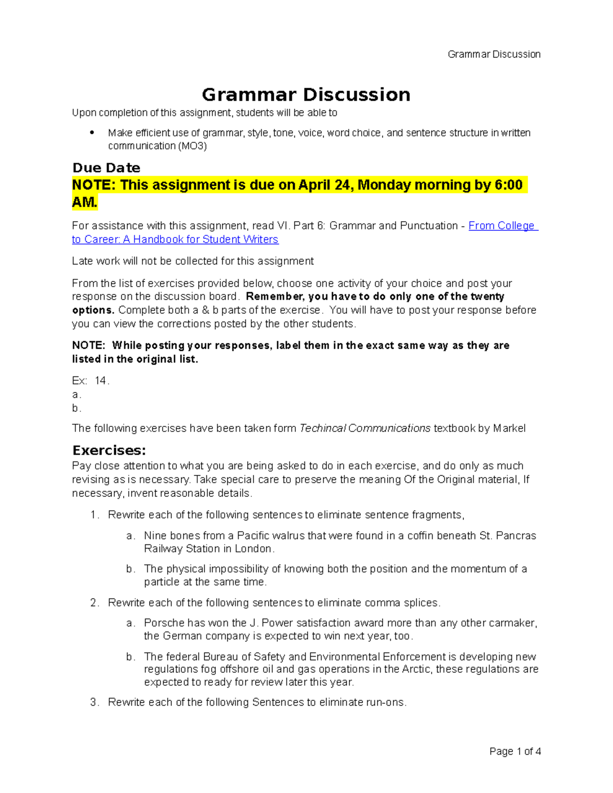 Grammar Exercise - Discussion - Grammar Discussion Upon completion of ...