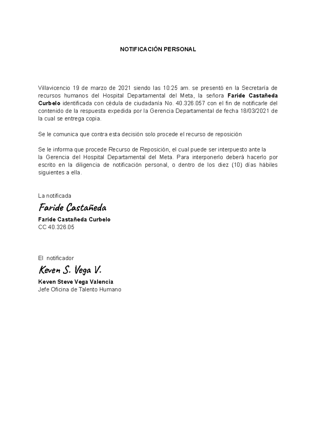 Constancia Notificacion Personal - NOTIFICACIÓN PERSONAL Villavicencio ...
