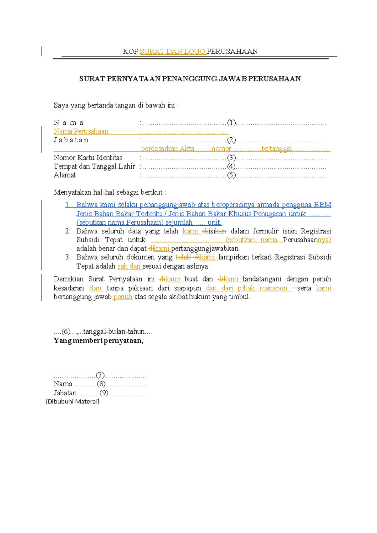 R4 Draft Surat Pernyataan Perusahaan Registrasi Subsidi Tepat - KOP ...