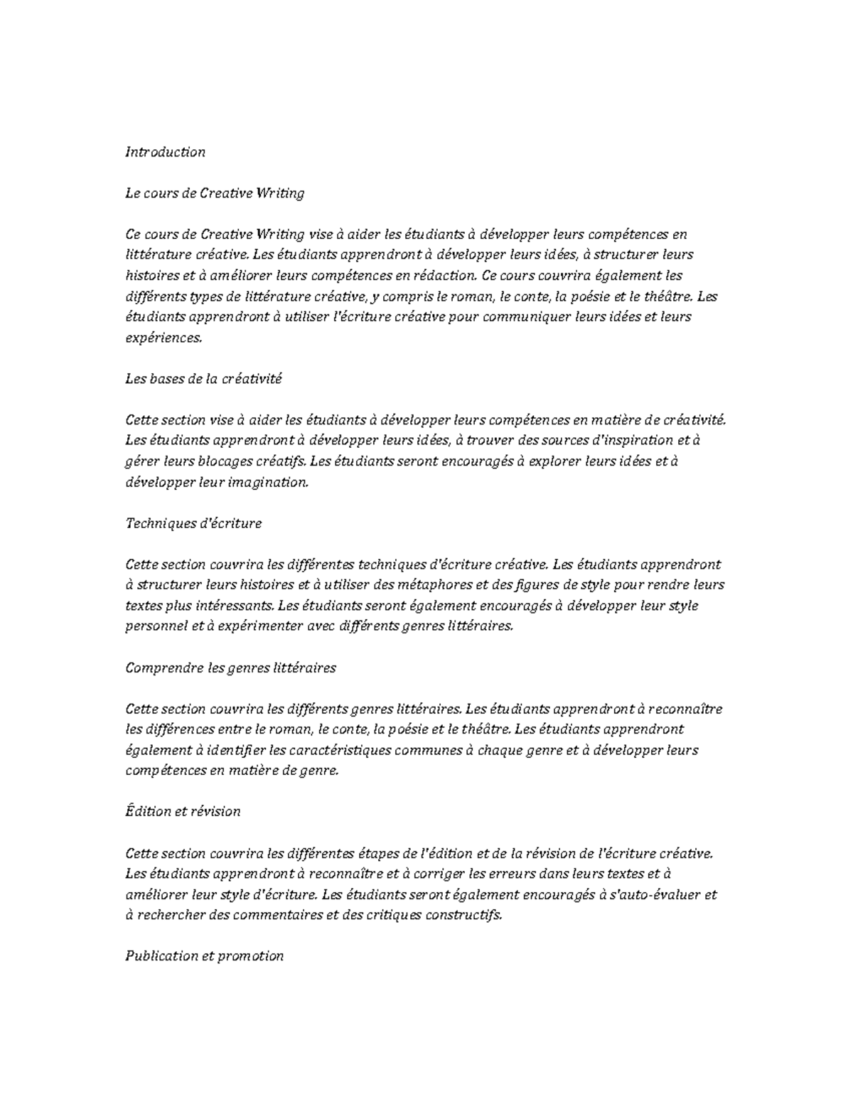 Creative Writing Study Notes - Introduction Le cours de Creative ...