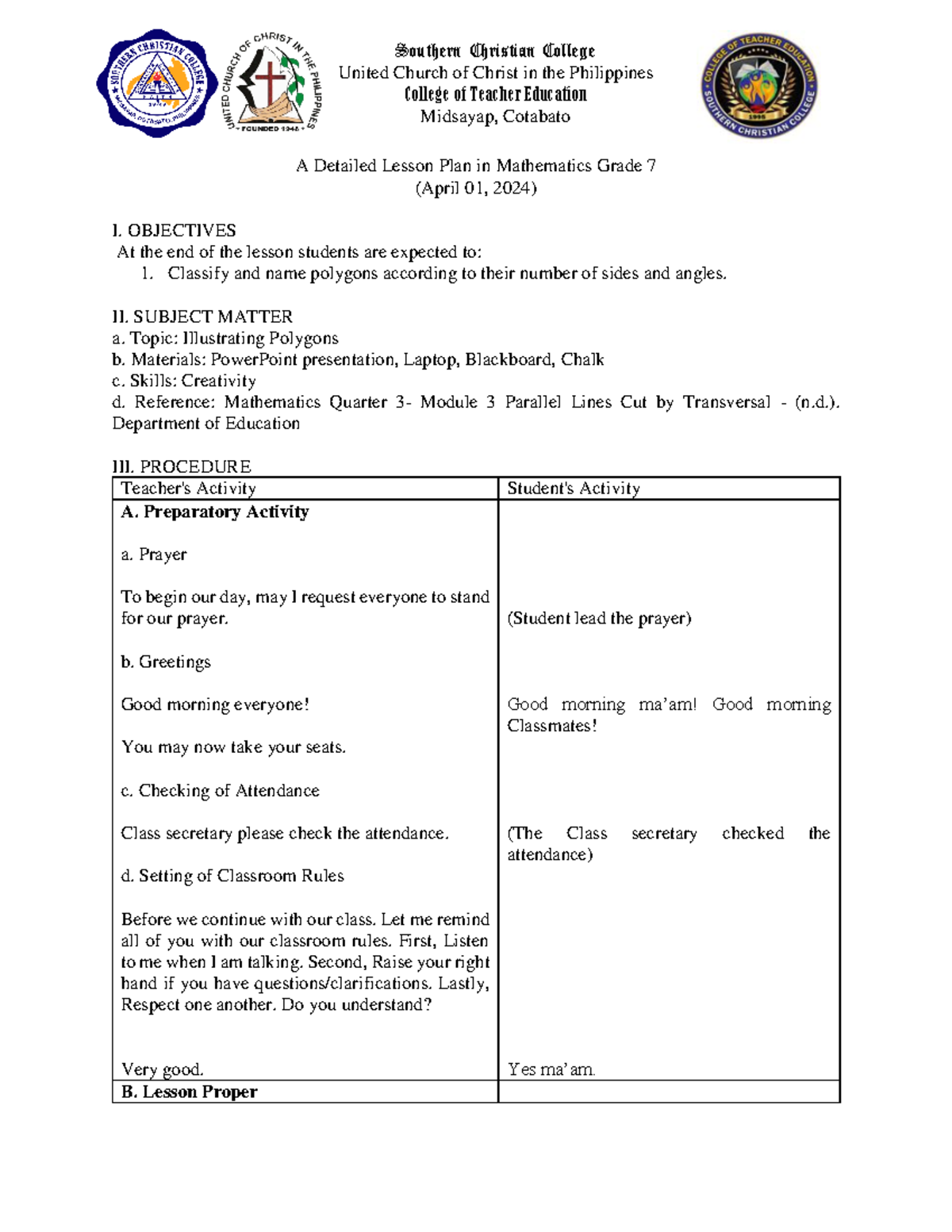 LP 25 Monday - Lesson plan - Southern Christian College United Church ...