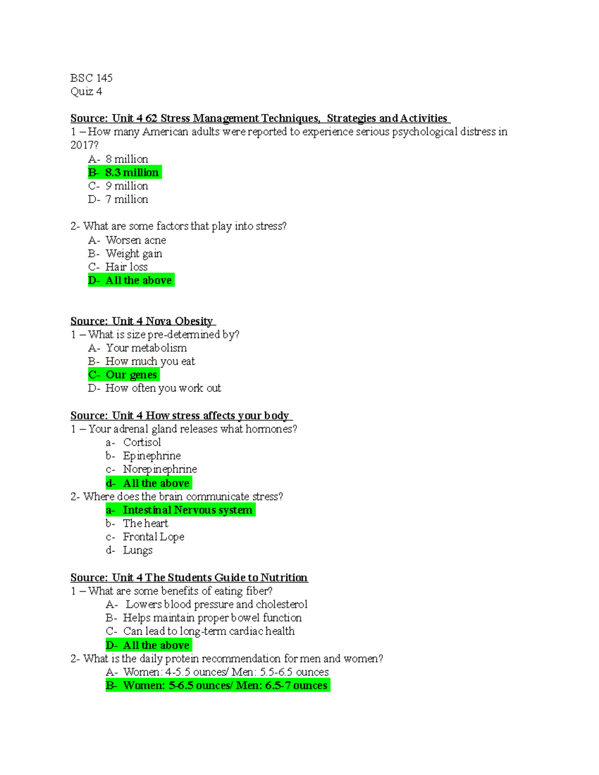 Quiz4 - CH 4 quiz and answers - BSC 145 Quiz 4 Source: Unit 4 62 Stress ...