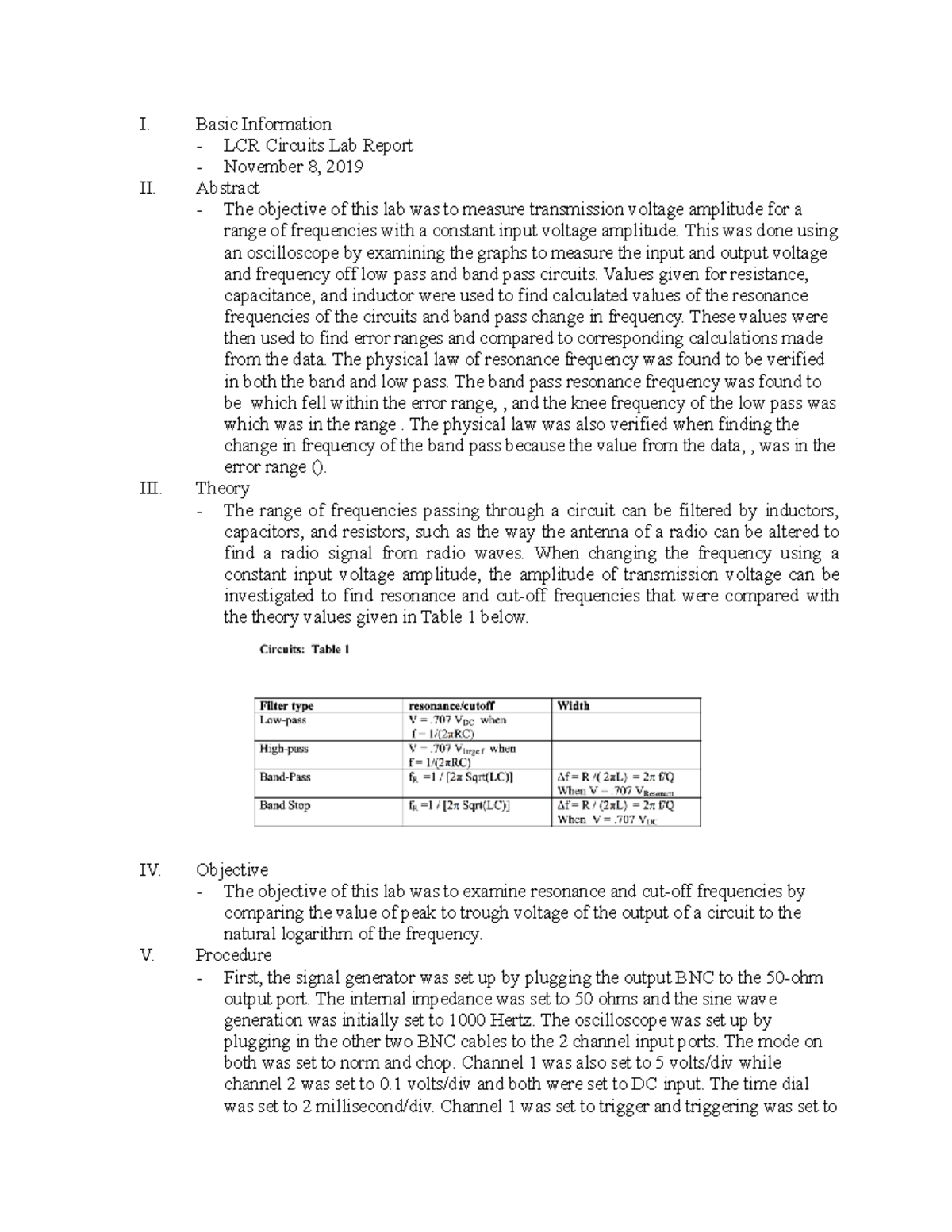 LCR Circuits Lab Report - I. Basic Information - LCR Circuits Lab ...