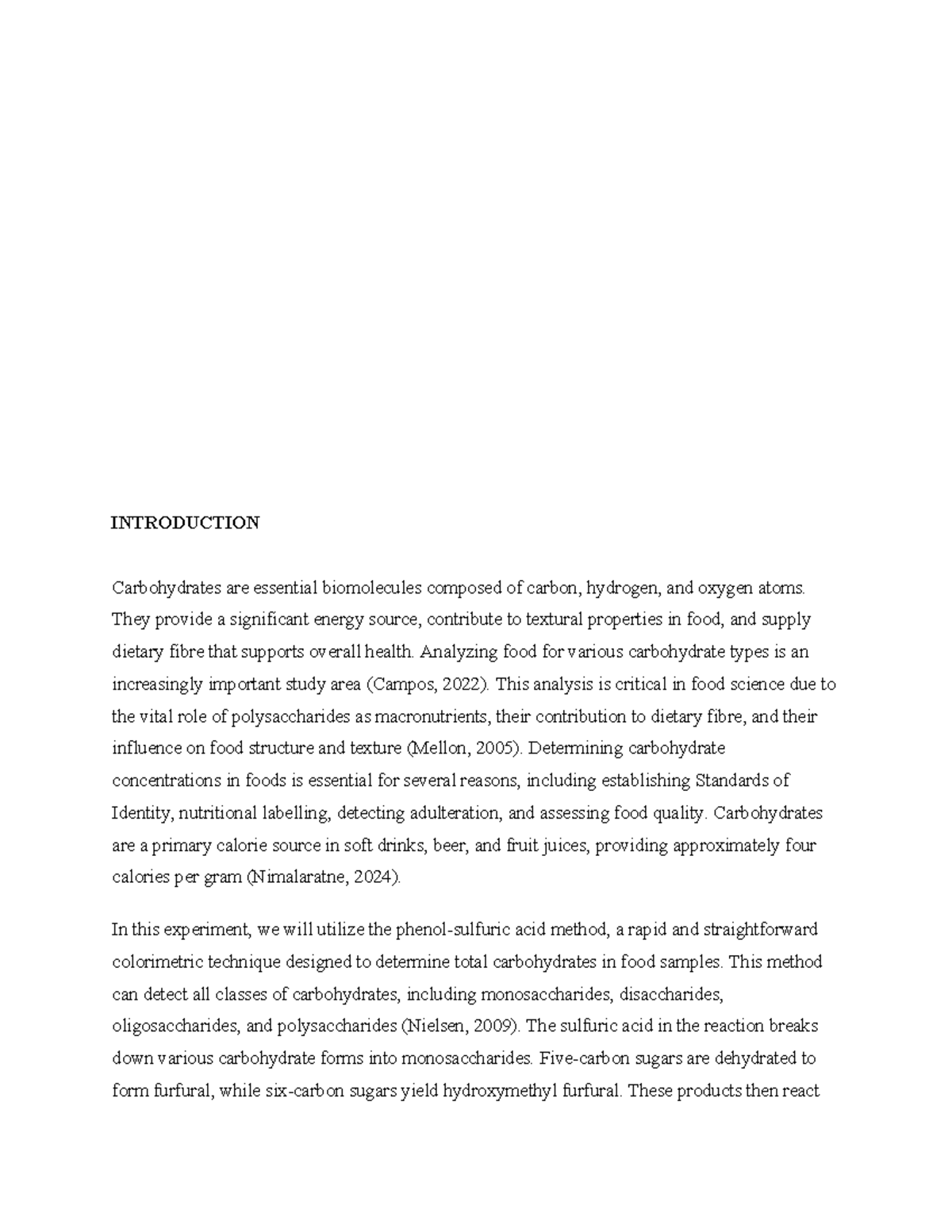 Lab 5 - Lab report 5 for the course - INTRODUCTION Carbohydrates are ...
