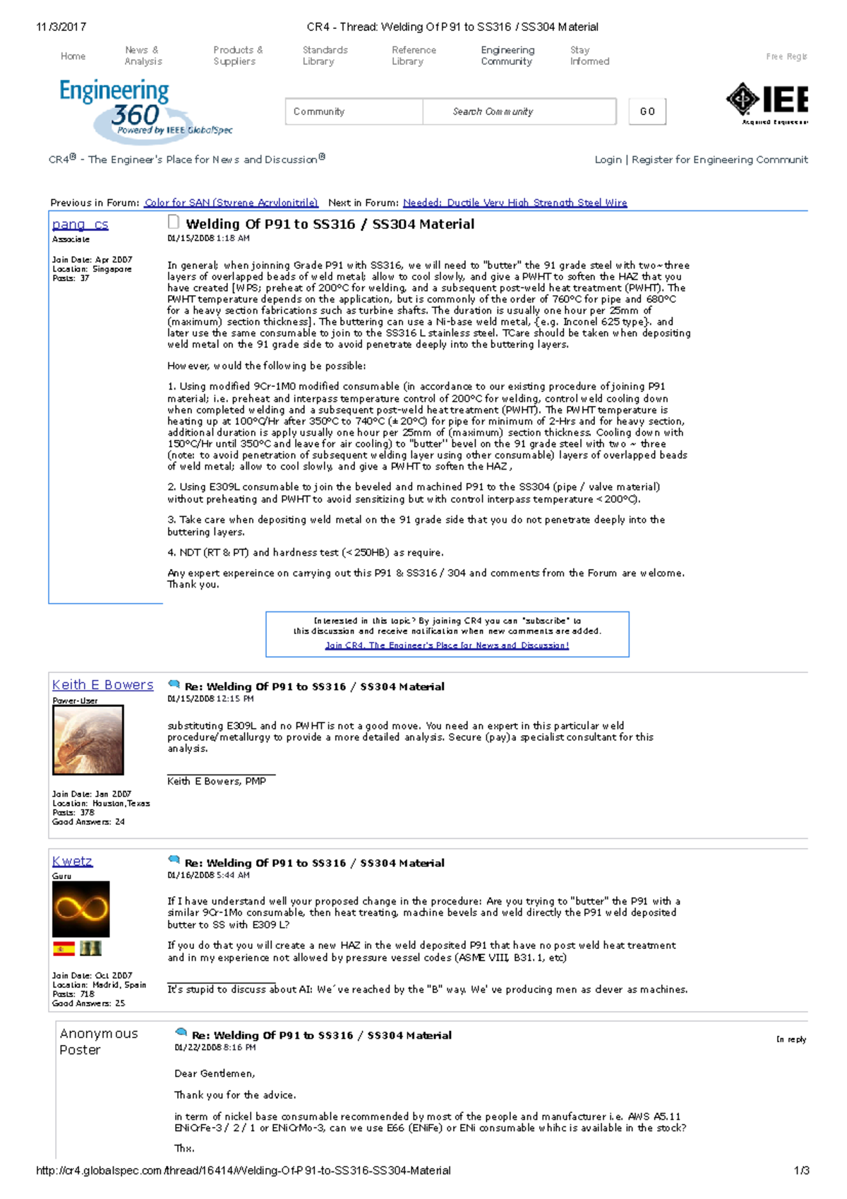 CR4 - Thread Welding Of P91 to SS316 SS304 Material - 11/3/2017 CR4 - Thread: Welding Of P91 to ...