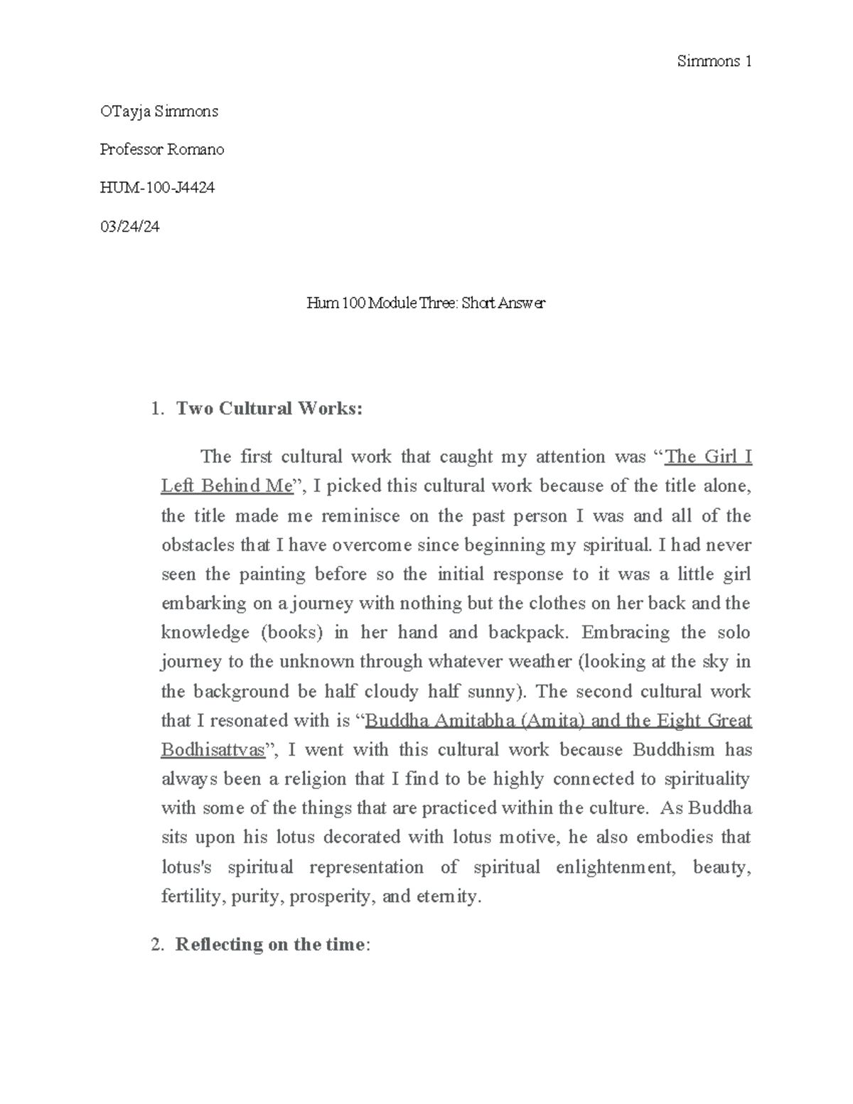 Hum-100 Week Three - Simmons 1 OTayja Simmons Professor Romano HUM-100 ...