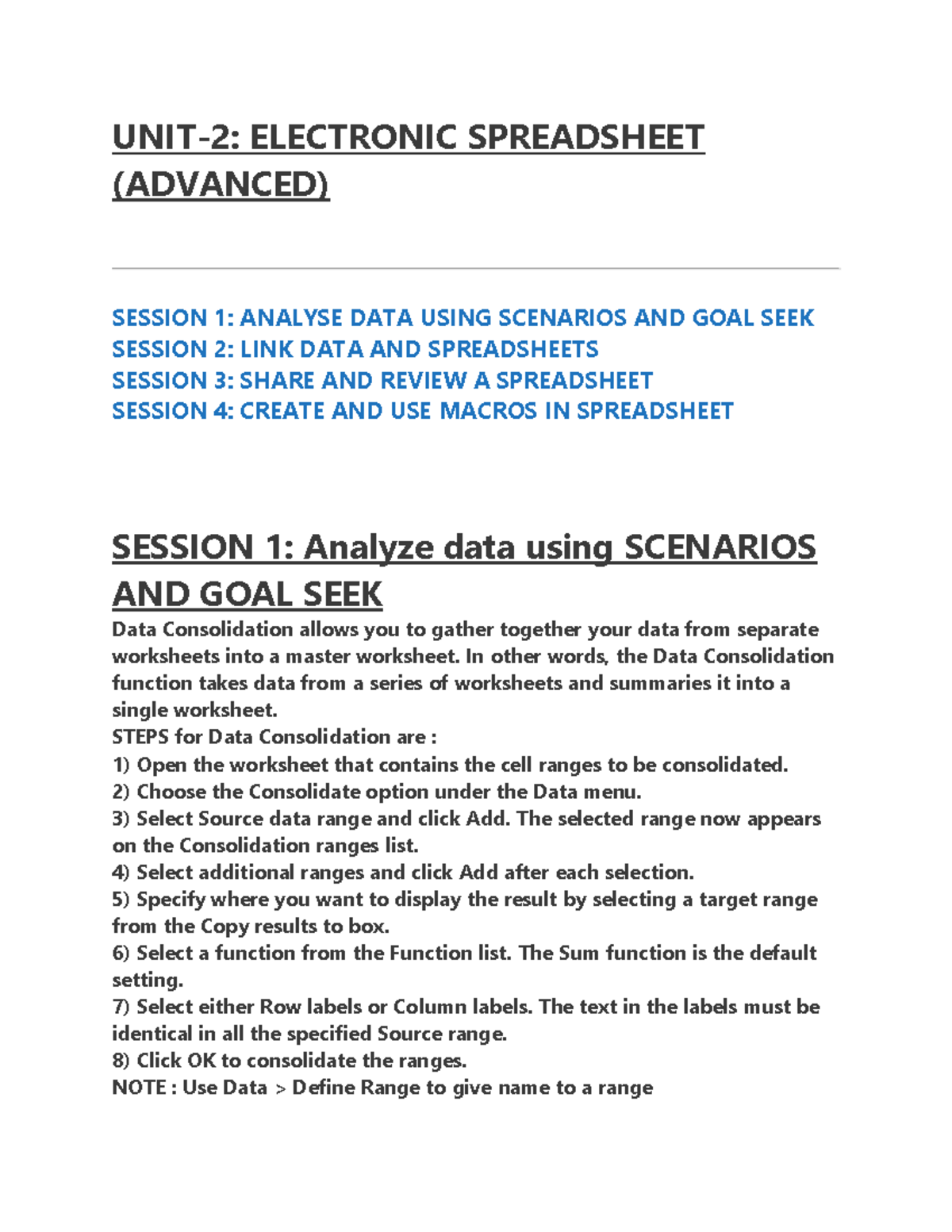 Spreadsheet 10 - nothing much - UNIT-2: ELECTRONIC SPREADSHEET (ADVANCED) SESSION 1: ANALYSE ...