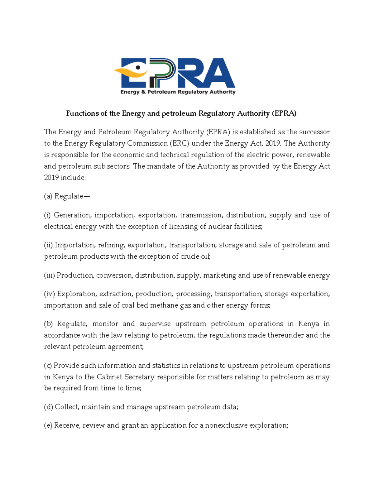 The functions EPRA as enacted in The Energy Act 2019 - Functions of the ...