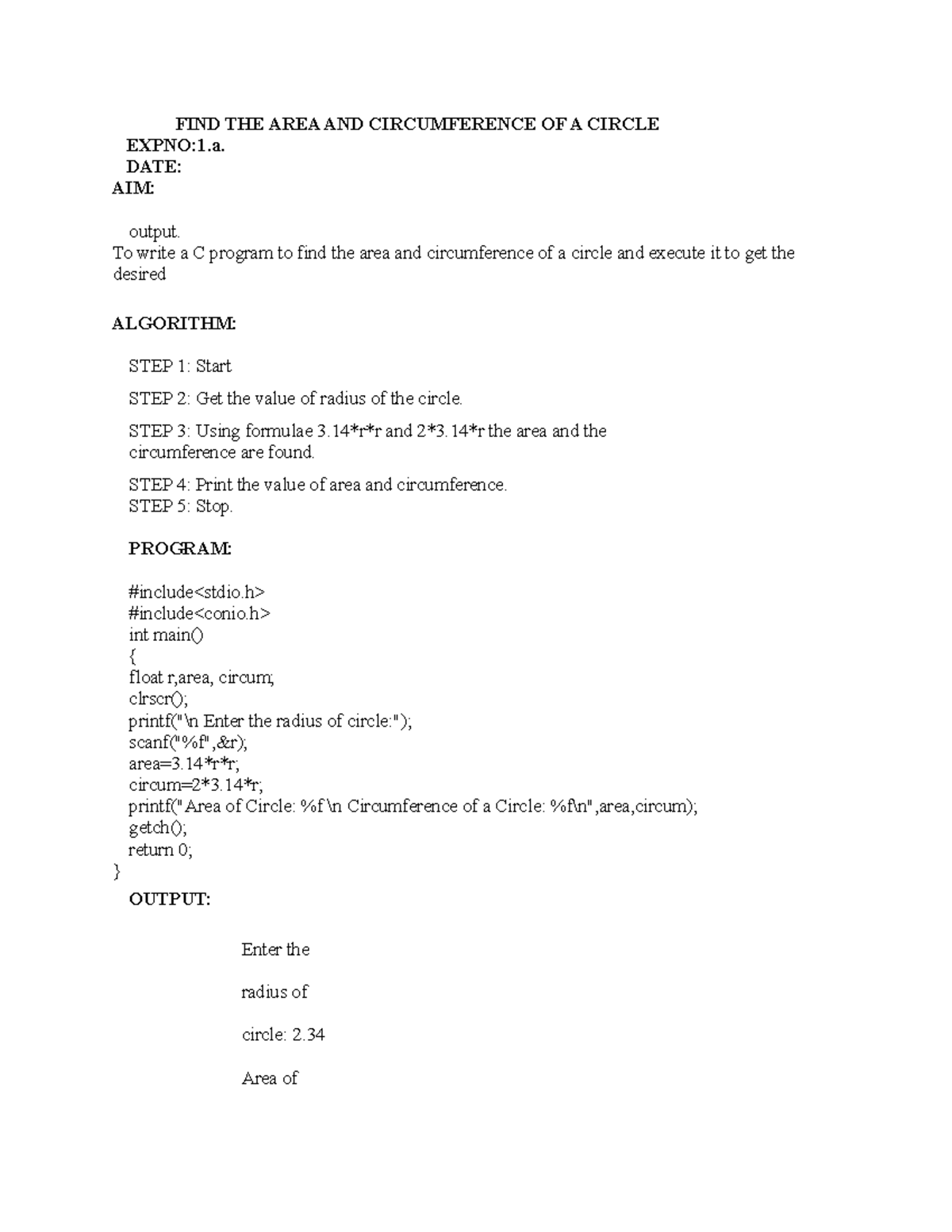 PPS- 1 TO 15 LABS - ALL LAB EXERCISES - FIND THE AREA AND CIRCUMFERENCE ...
