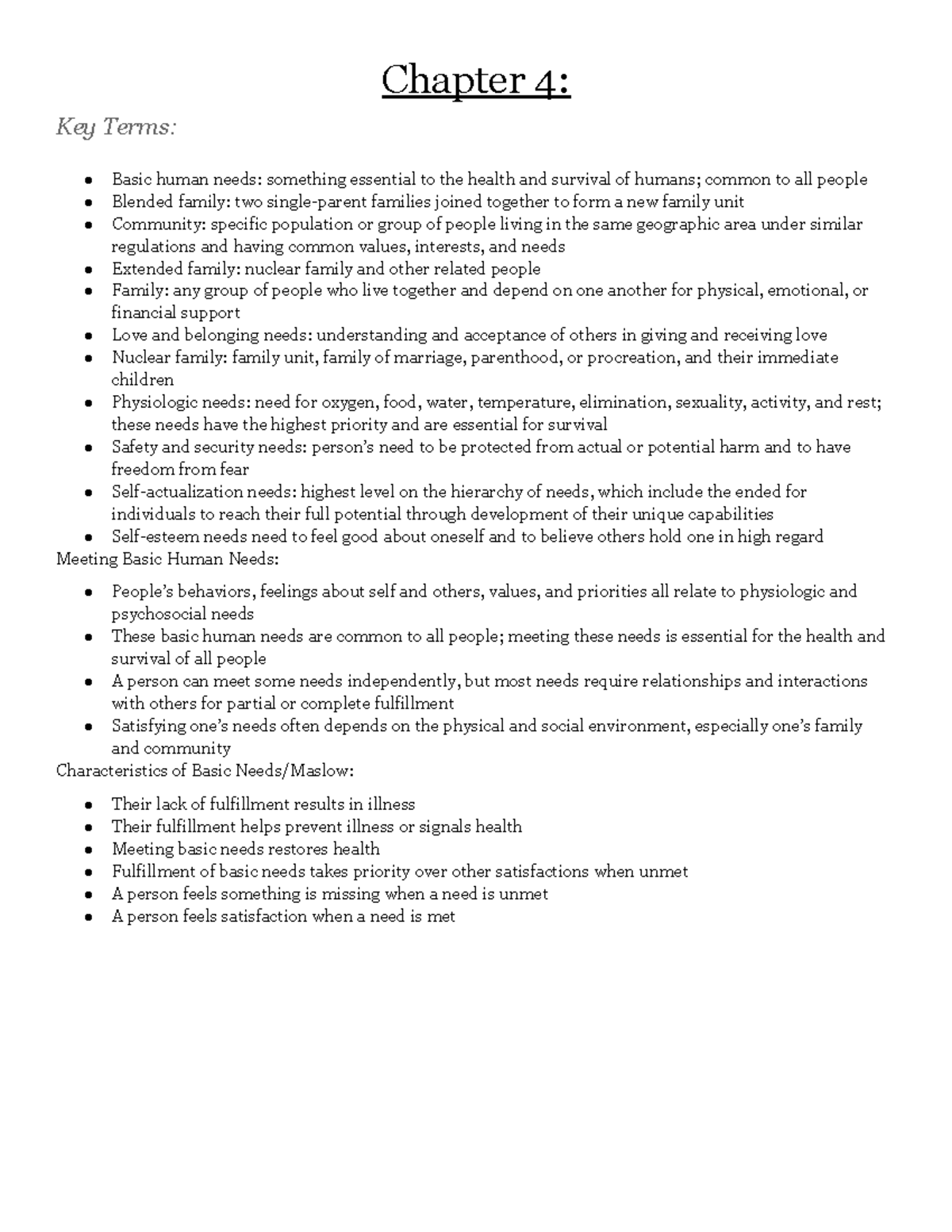 Chapter 4-Nursing Concepts 1 - Chapter 4: Key Terms: Basic human needs: something essential to ...