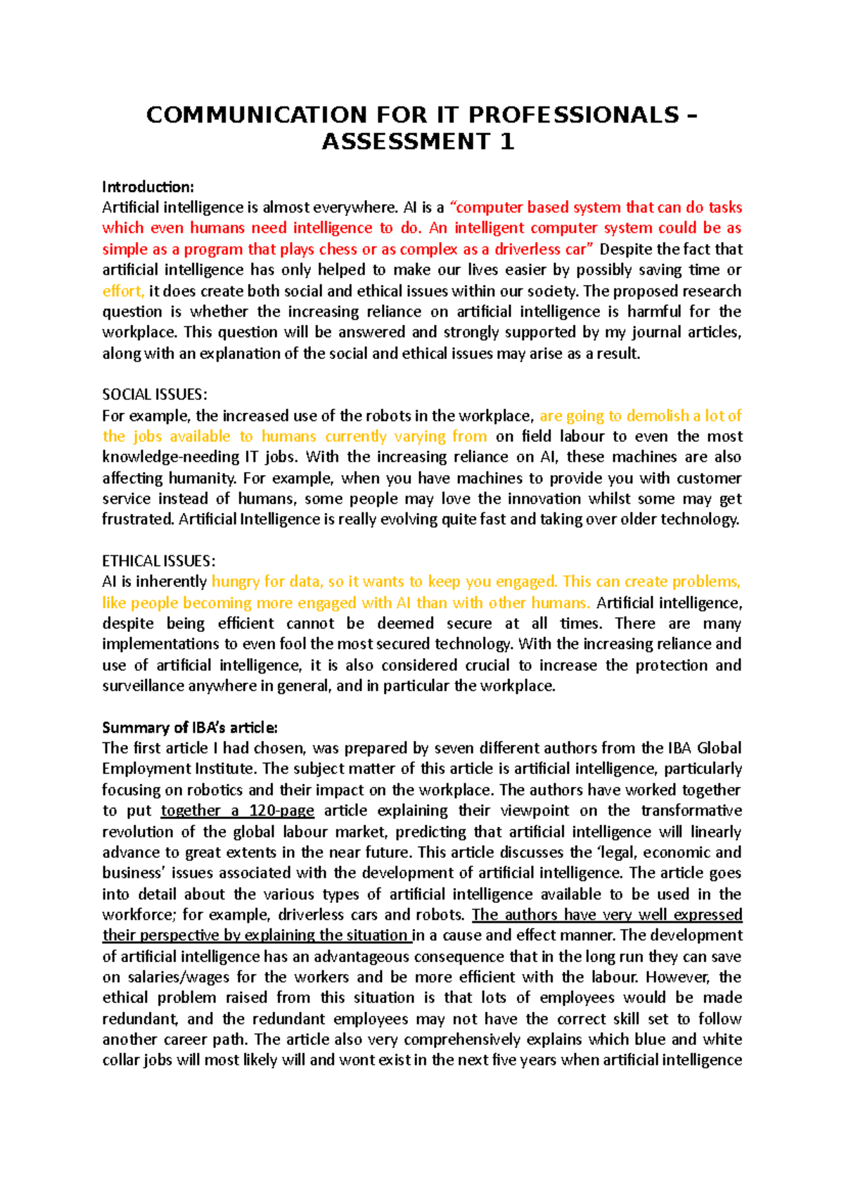 CITP- Assessment 2 - COMMUNICATION FOR IT PROFESSIONALS – ASSESSMENT 1 ...
