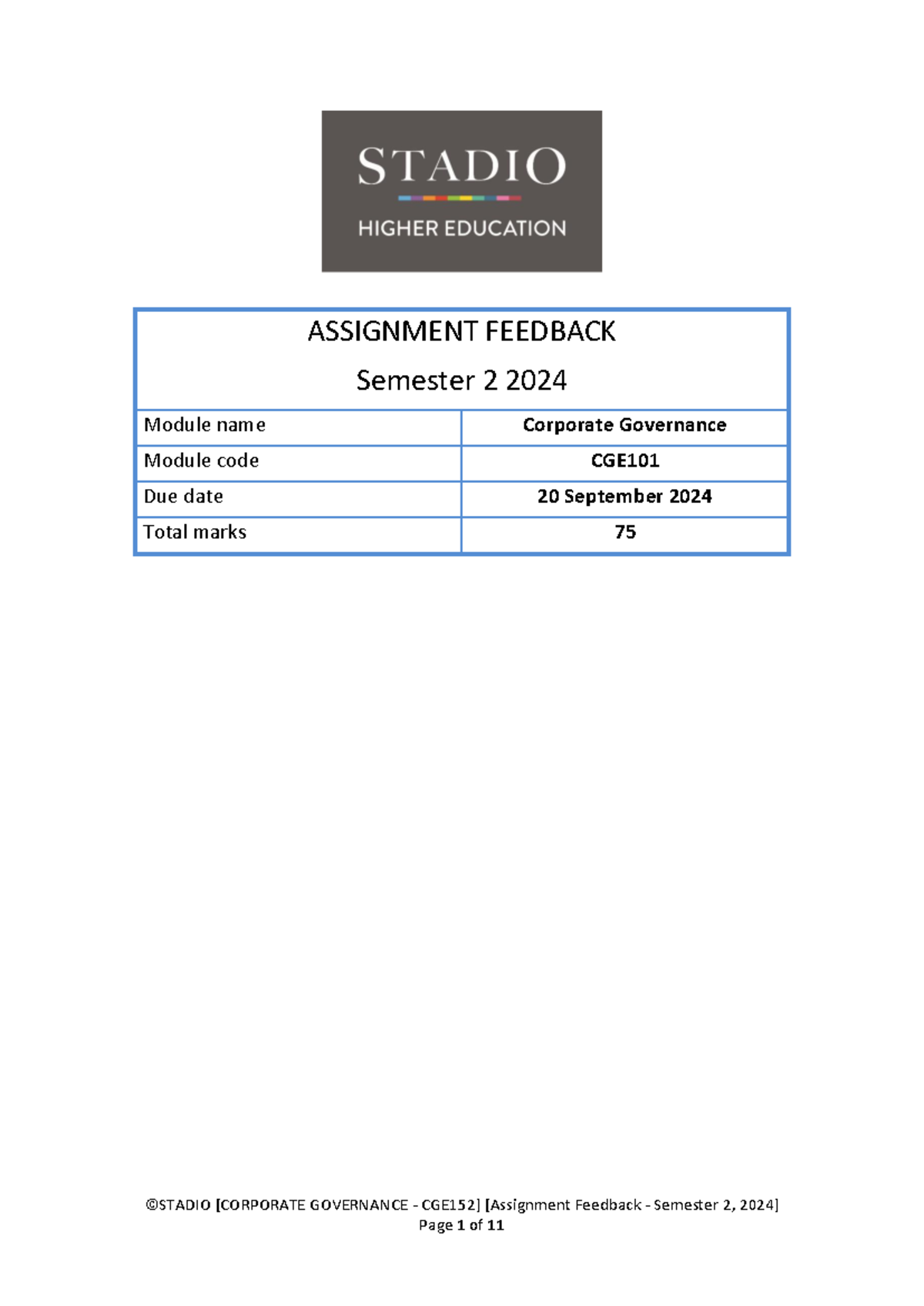 CGE101 2024 02 AF - Assignment feedback - ©STADIO [CORPORATE GOVERNANCE ...