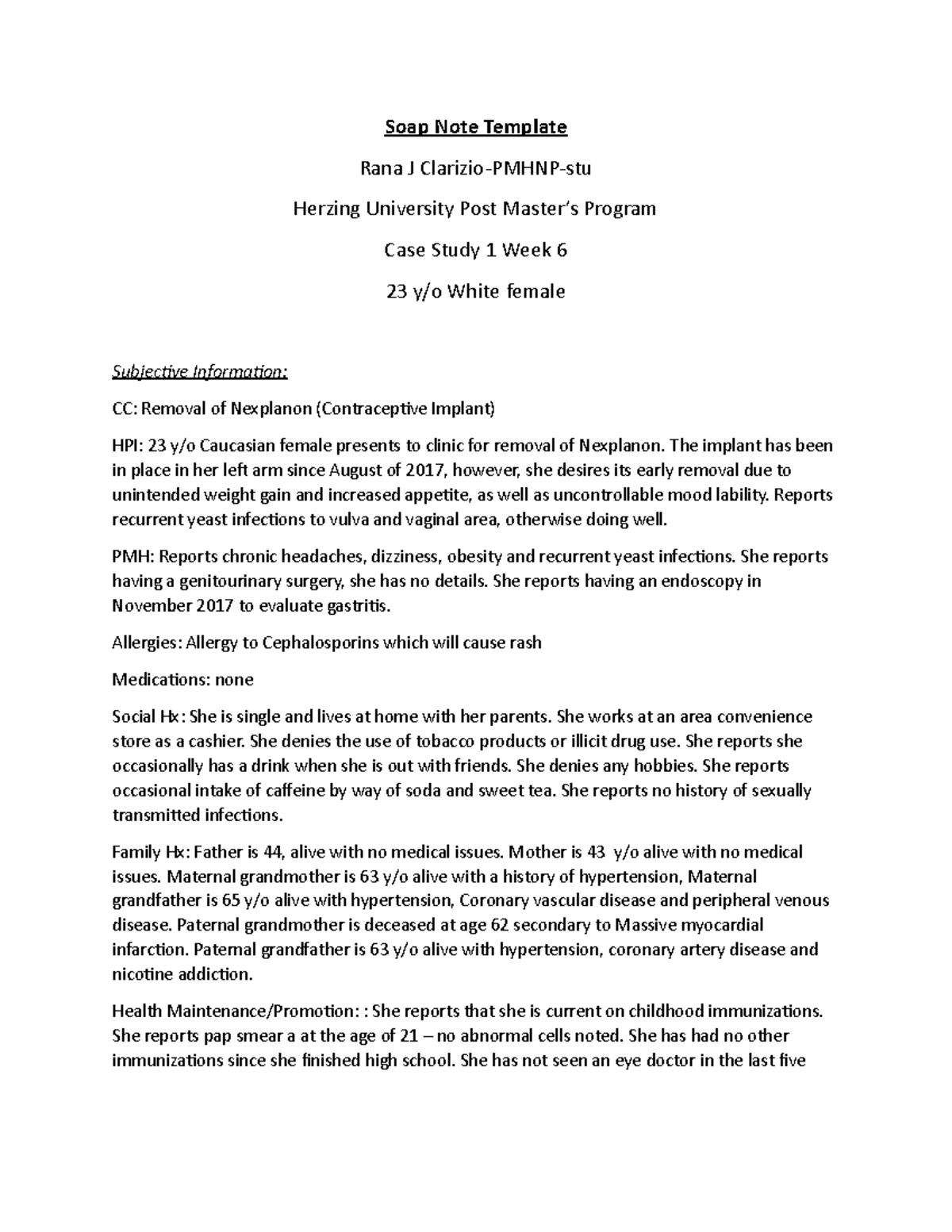 NU 610 Case study 1 Week 6 - Soap Note Template Rana J Clarizio-PMHNP ...