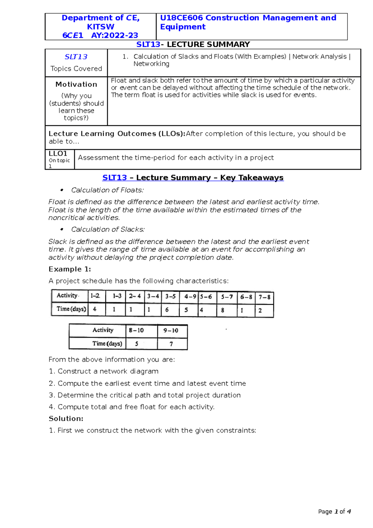 CME18 - Notes - KITSW 6 CE 1 AY:2022- Equipment SLT13- LECTURE SUMMARY ...