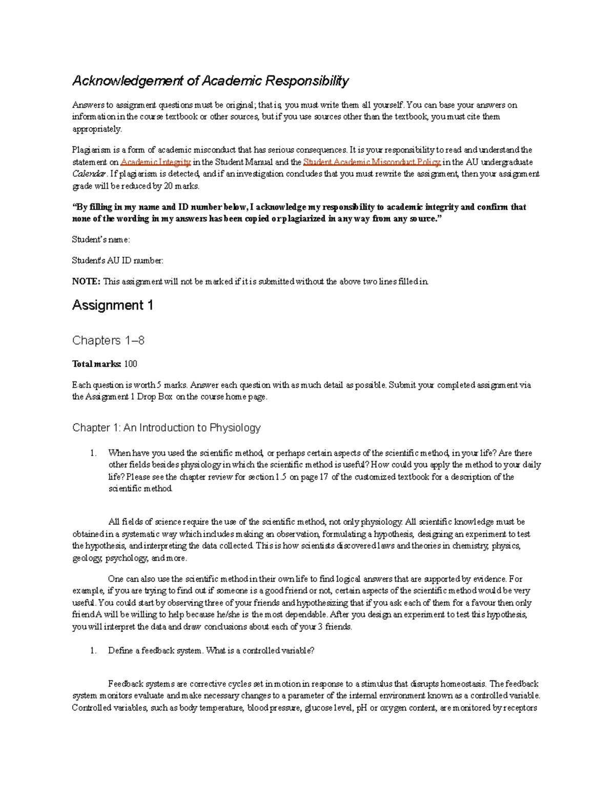 Physiology Assignment 1 - Acknowledgement of Academic Responsibility ...