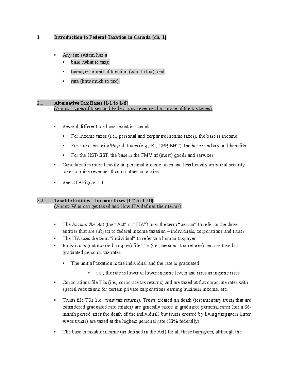 Tax 1 - Lecture note - 1 Introduction to Federal Taxation in Canada [ch ...