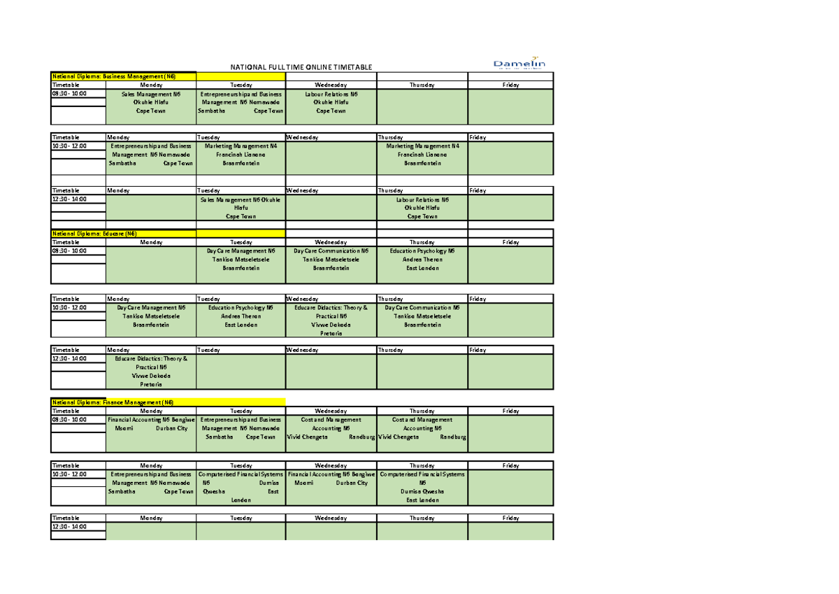Management Online Full Time N6 -Timetable V2 12 Feb - National Diploma: Business Management (N6 ...