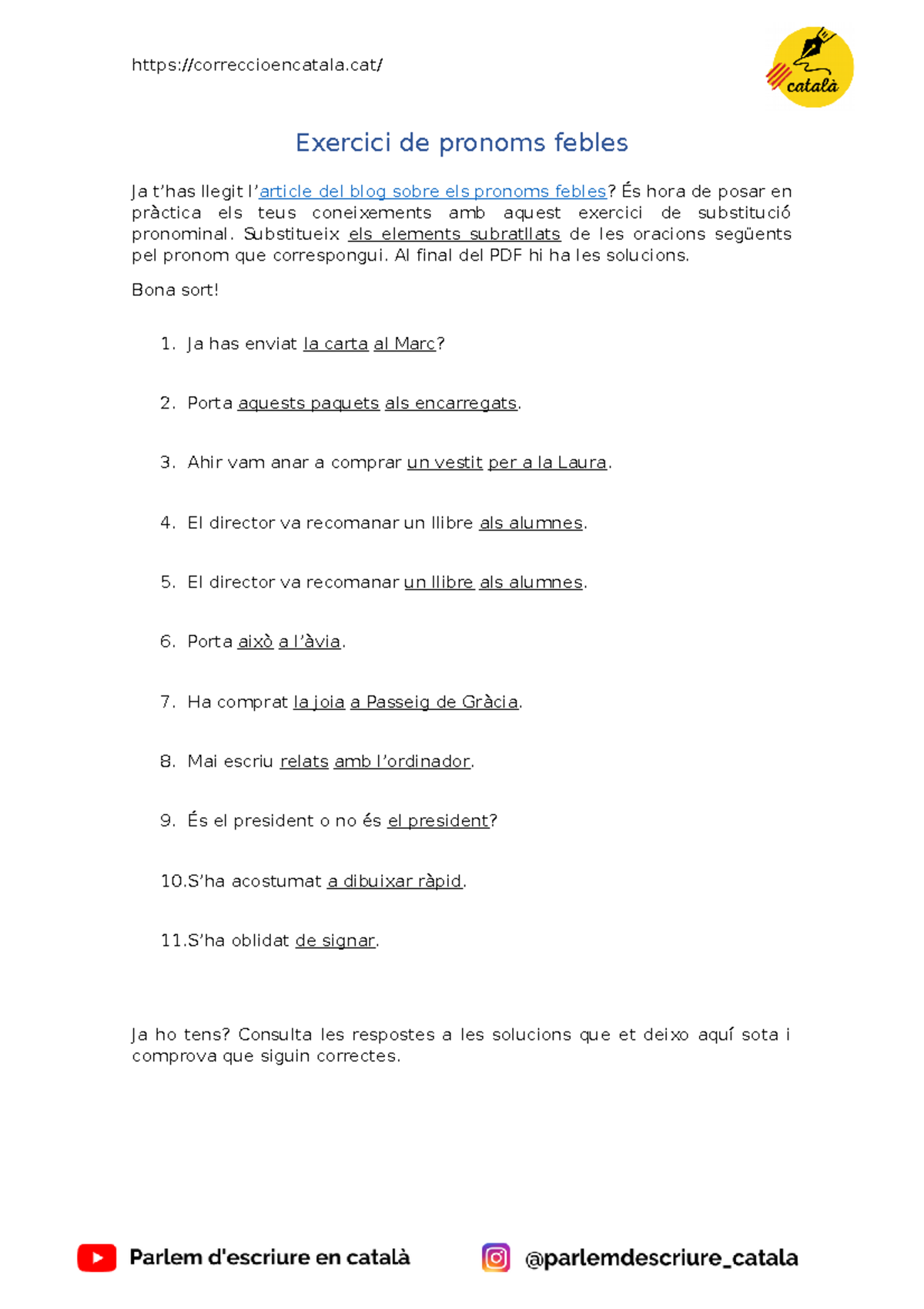 Exercici Pronoms Febles CAT PDF Descarregable - correccioencatala ...