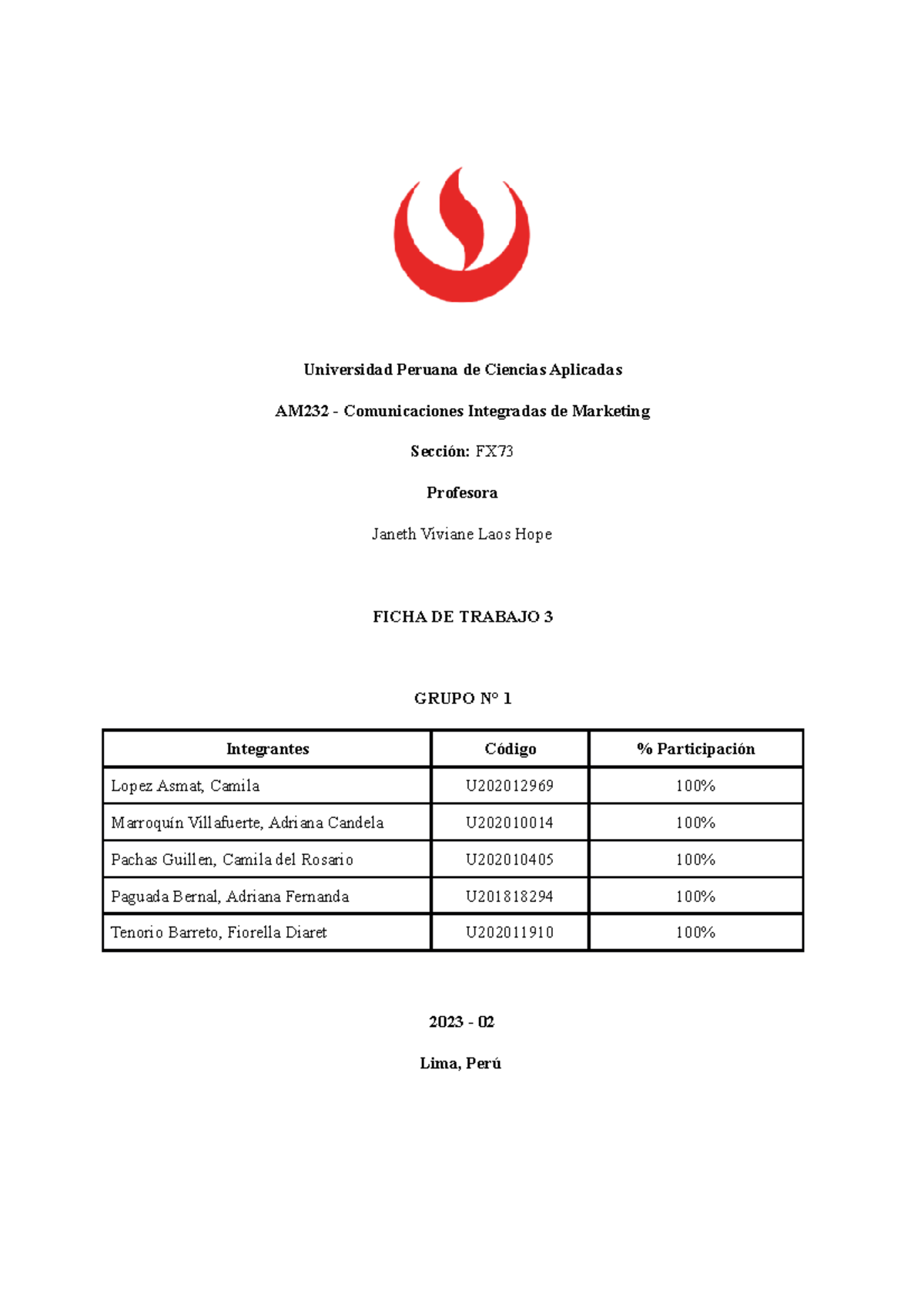 Ficha 3 CIM G1 - hola - Universidad Peruana de Ciencias Aplicadas AM232 ...