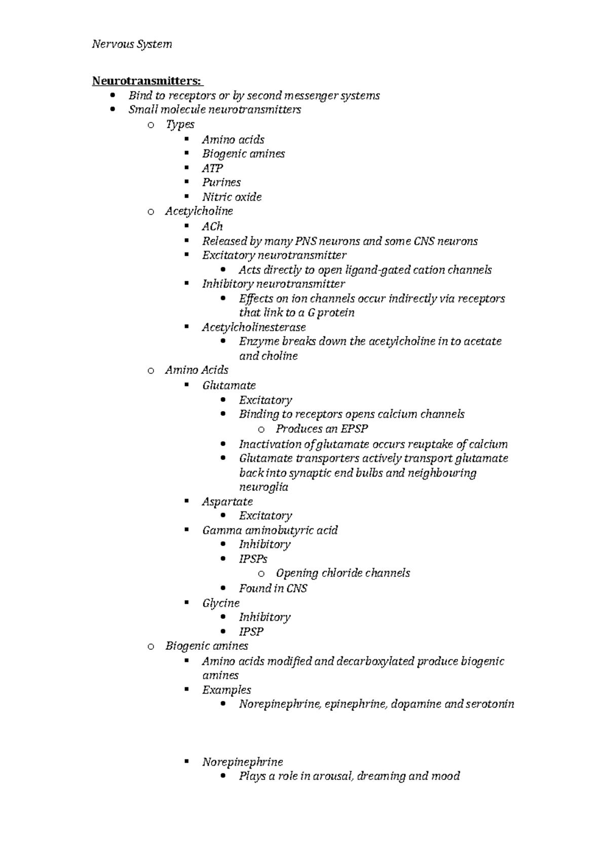 Neurotransmitters Lecture Notes - Nervous System Neurotransmitters ...