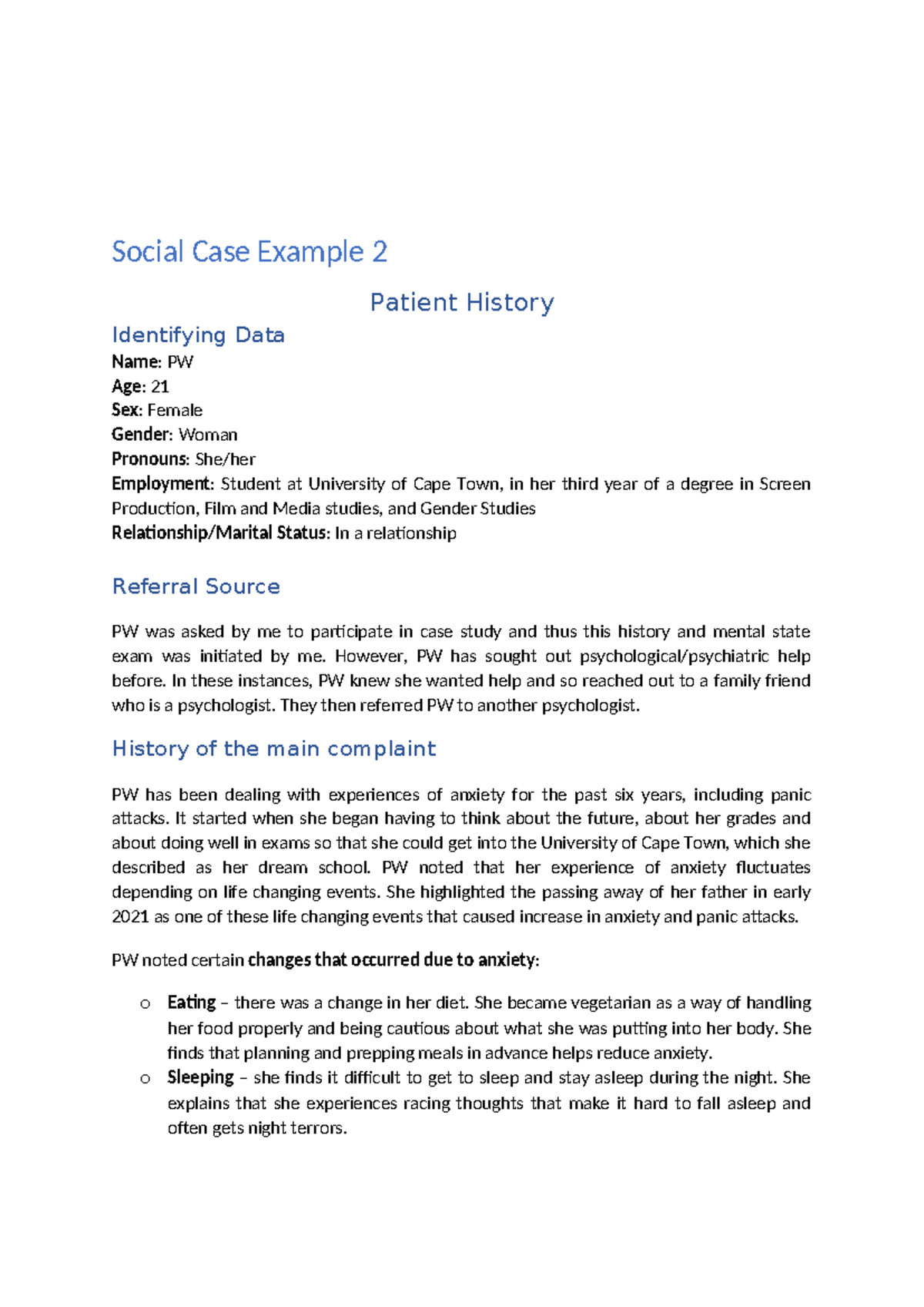 Social Case Example 3 - TUT - Social Case Example 2 Patient History ...