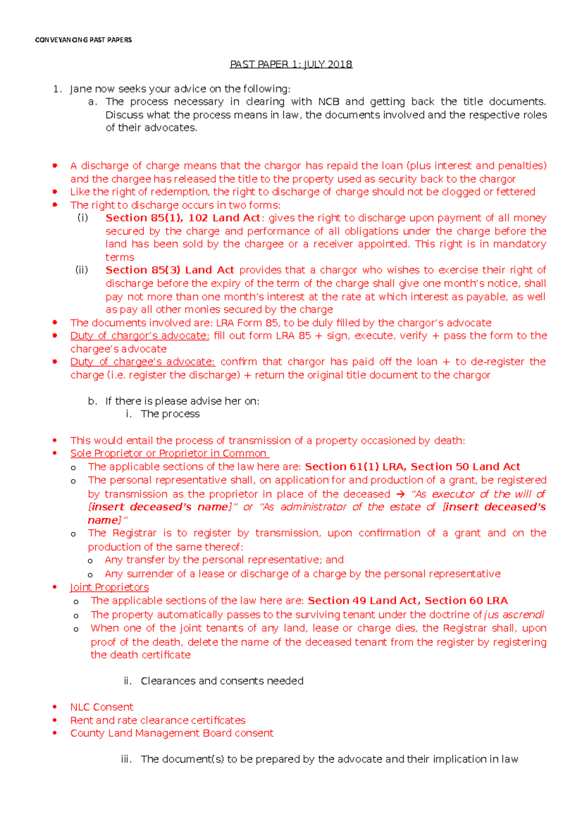 Conveyancing - Past Papers Revision - PAST PAPER 1: JULY 2018 Jane now ...