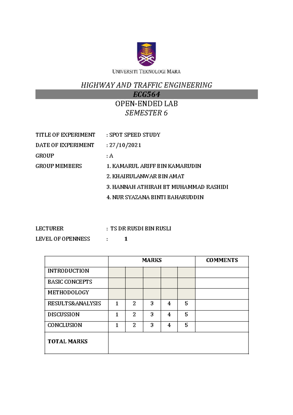SPOT Speed Study Report - Civil Engineering - UiTM - Studocu