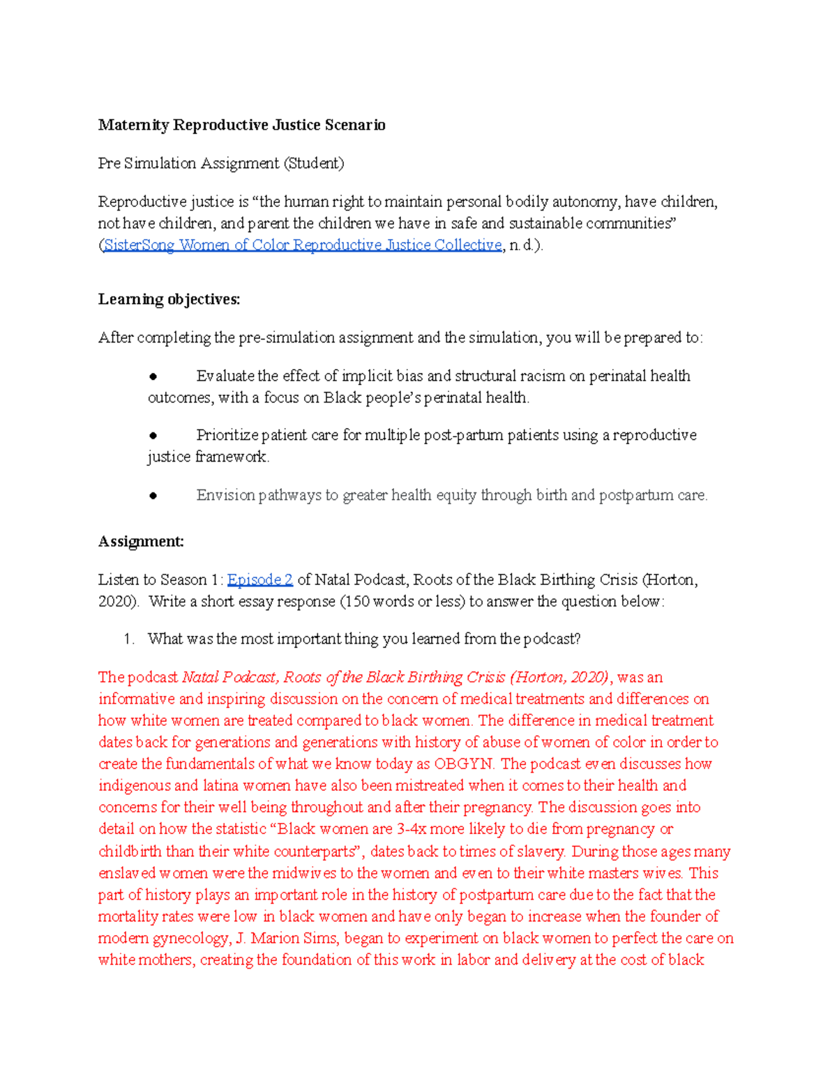 Maternity Sim 3 - Maternity Reproductive Justice Scenario Pre ...